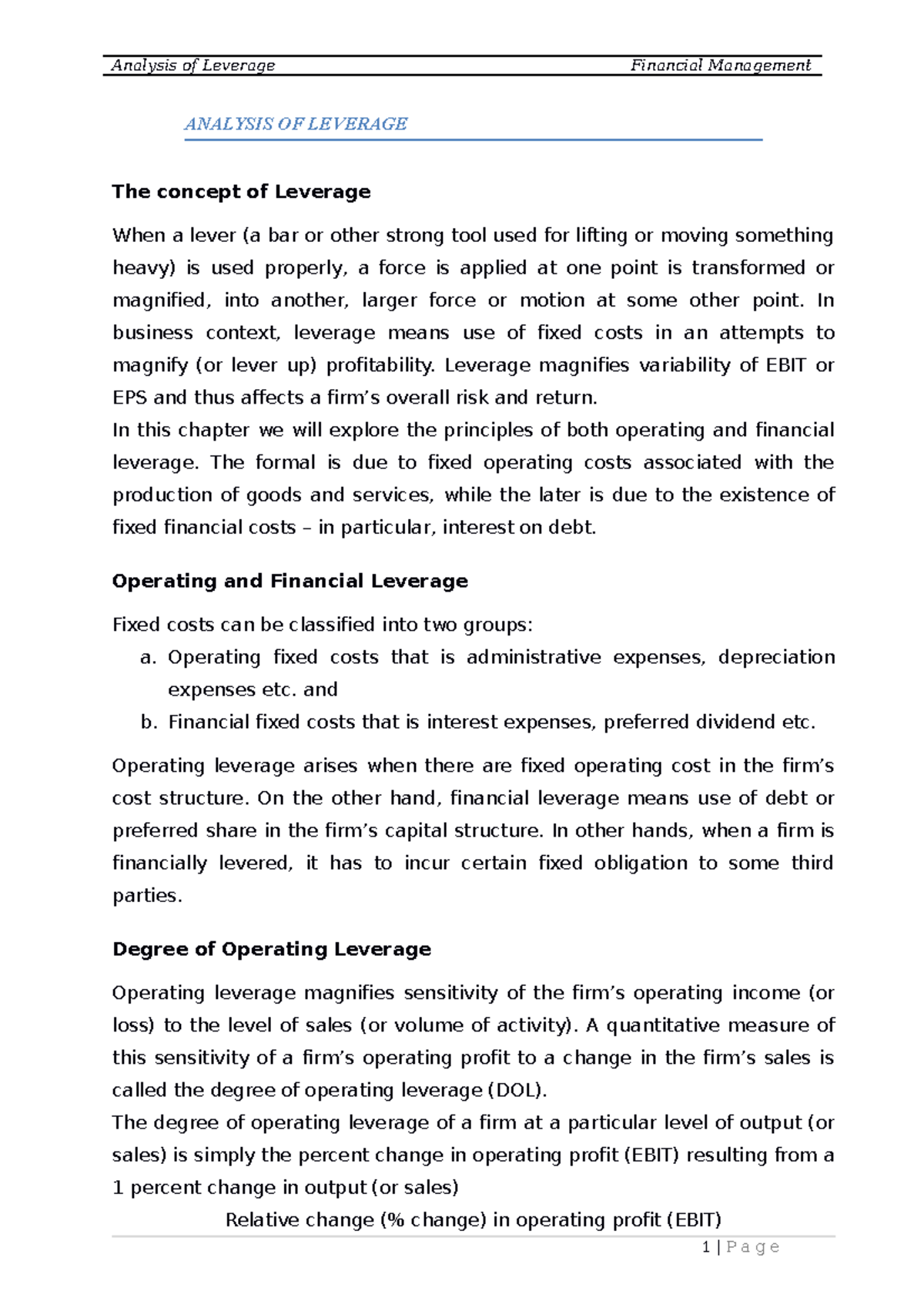 Leverage problem - ANALYSIS OF LEVERAGE The concept of Leverage When a lever (a bar or other ...