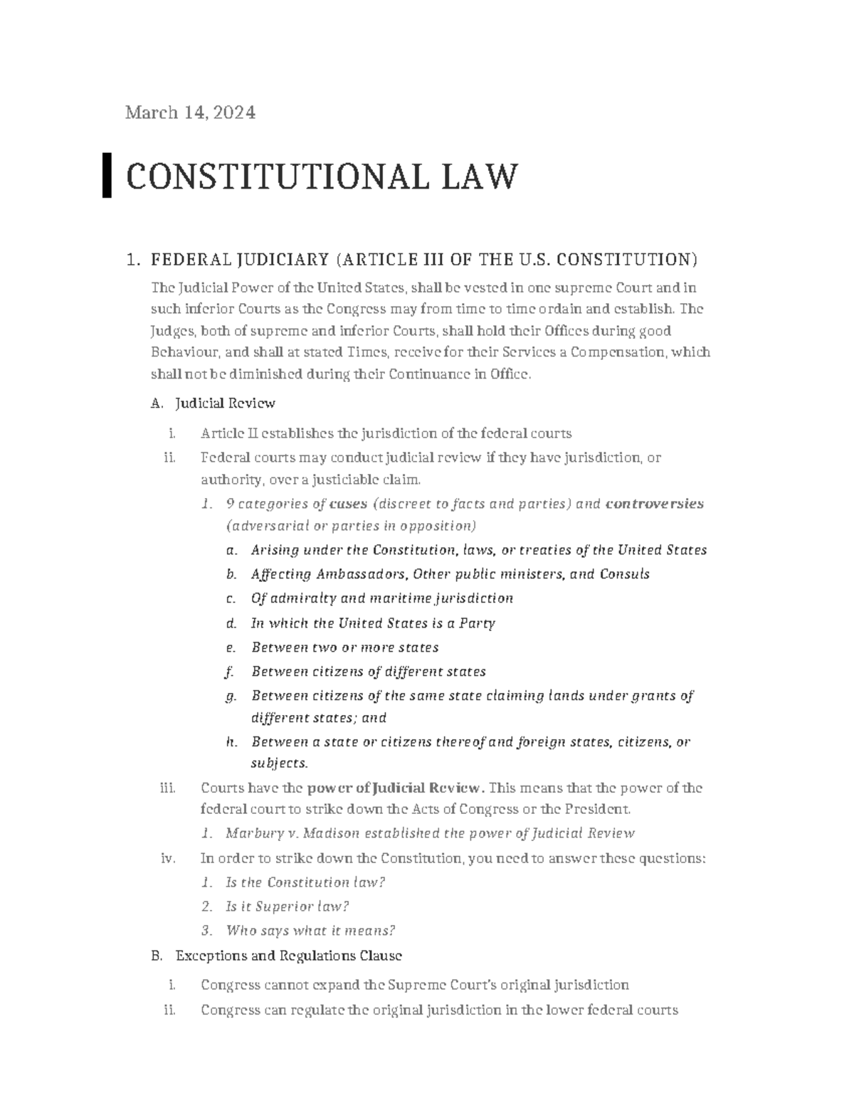 Con Law Outline - March 14, 2024 CONSTITUTIONAL LAW 1. FEDERAL ...
