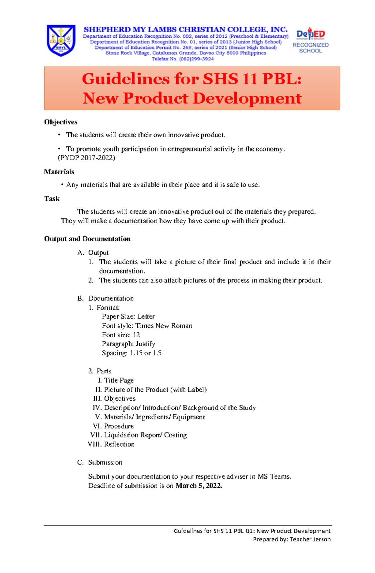 SHS 11 PBL New Product Development Guidelines - Guidelines for SHS 11 ...