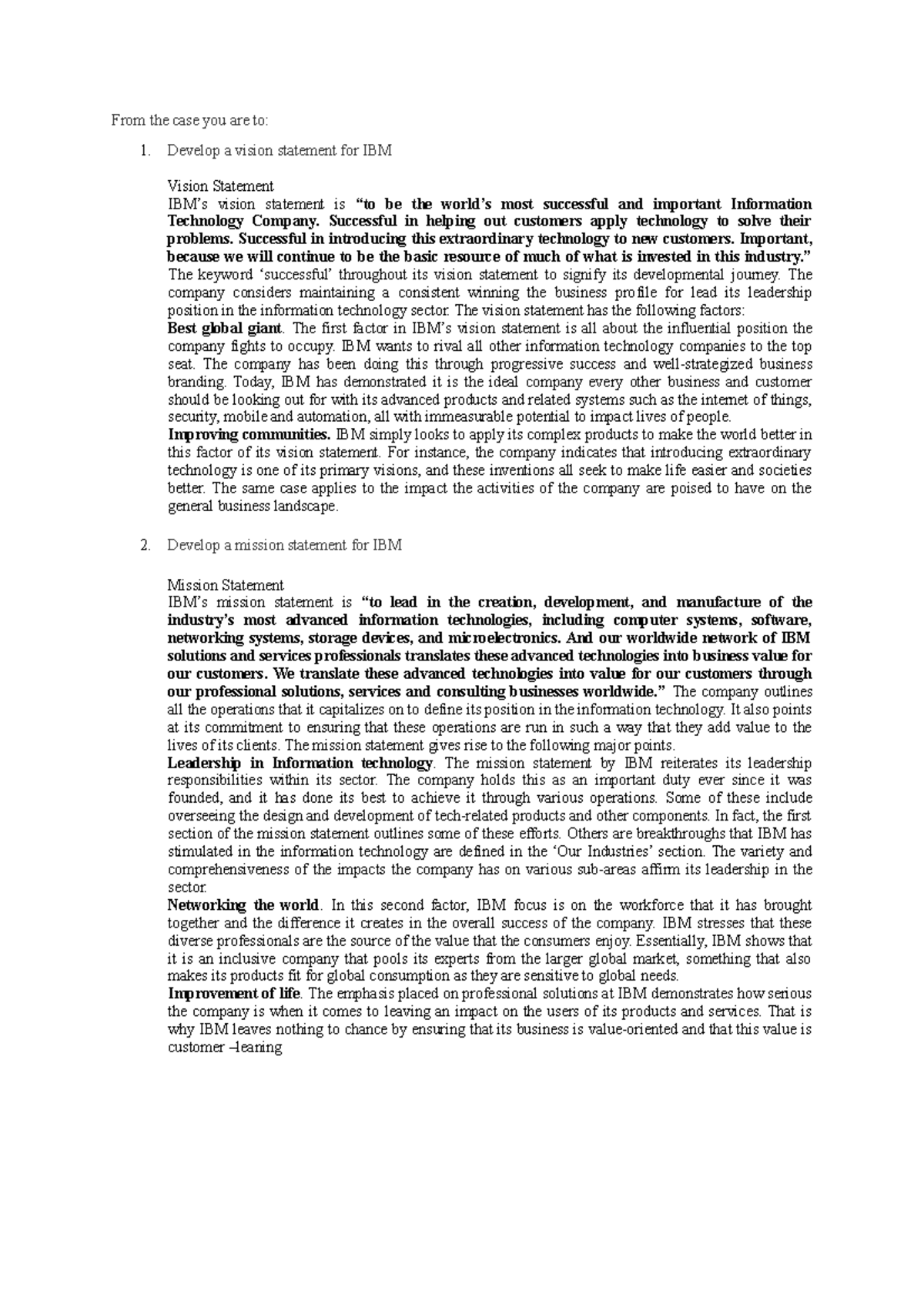 Individual Case Study - Vision Statement of BNM - From the case you are ...