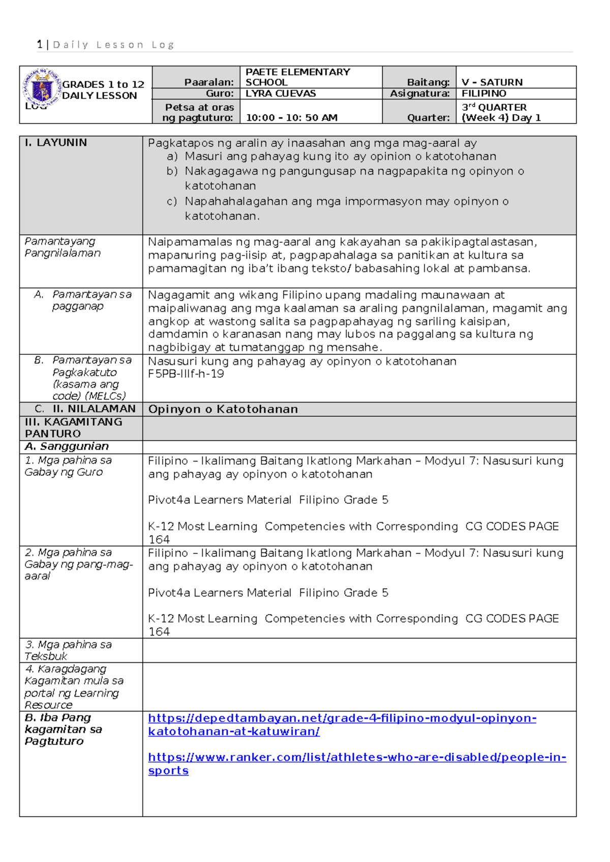 DLL in Filipino-CO1-SY - GRADES 1 to 12 DAILY LESSON LOG Paaralan ...