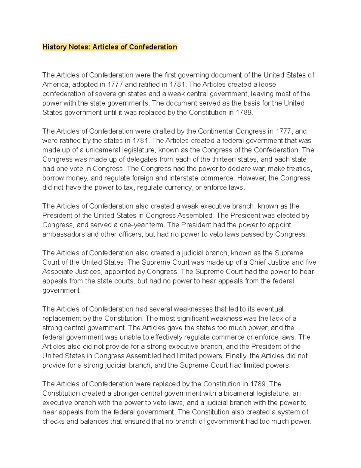 History AP (20) - History Notes: Articles of Confederation The Articles ...