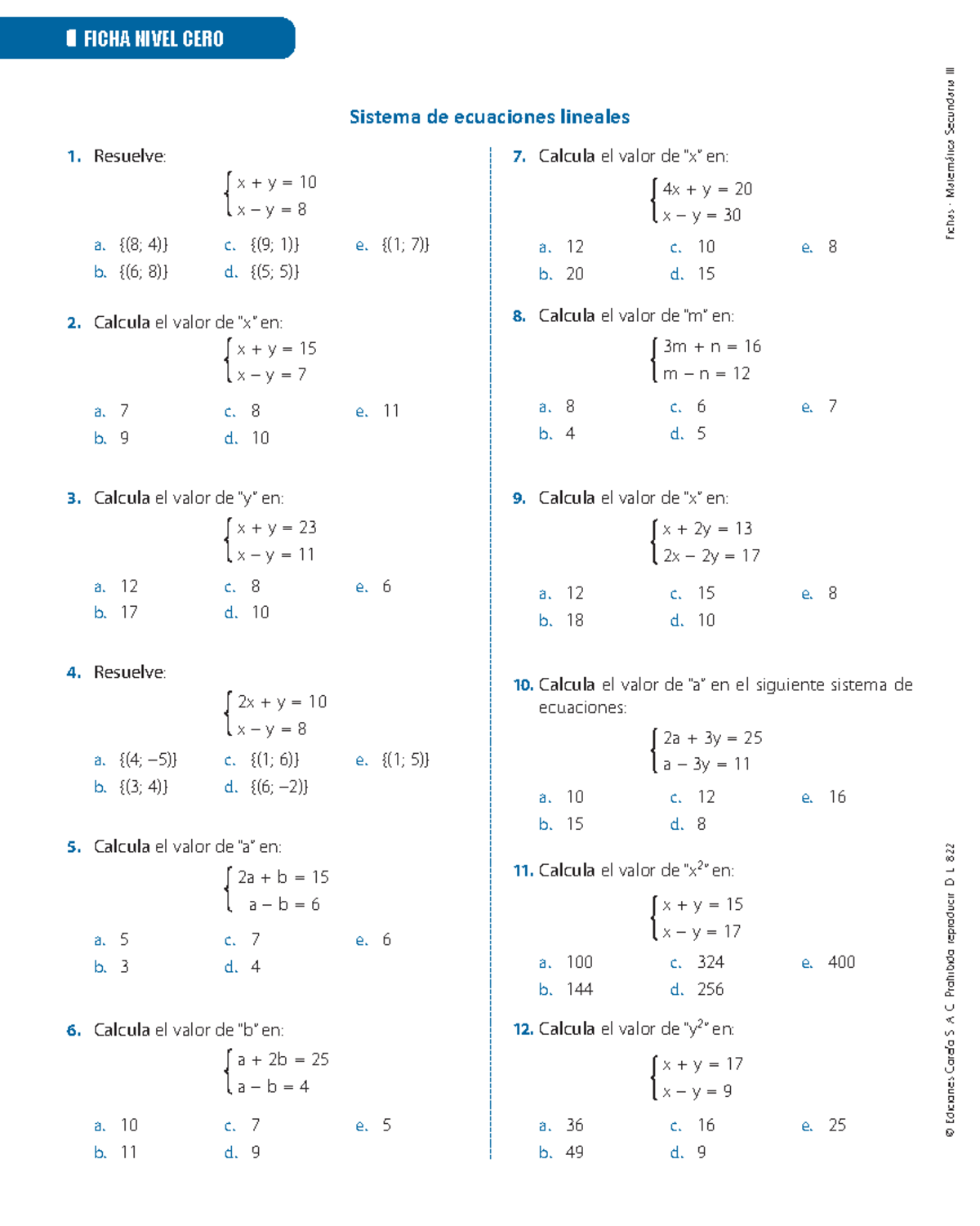 F0 Sistema de ecuaciones lineales - FICHA NIVEL CERO Fichas - Matemática Secundaria III ...