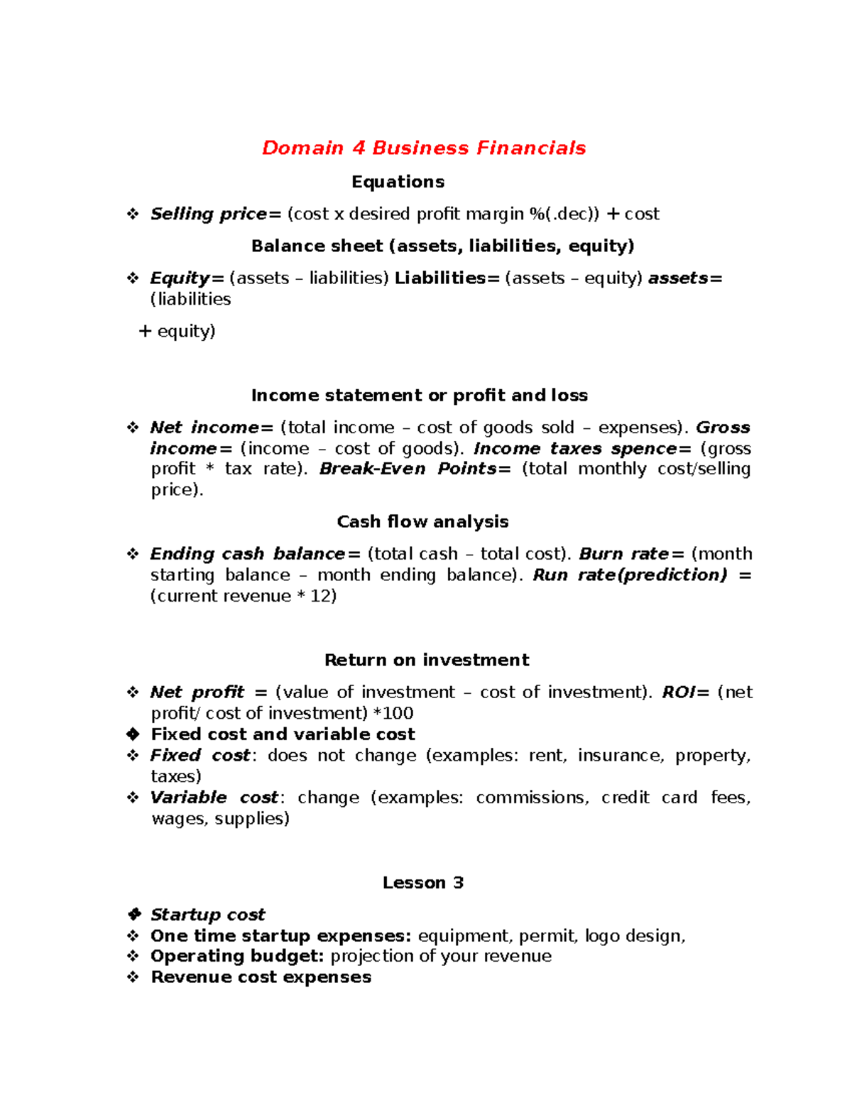 Domain 4 business financial - Domain 4 Business Financials Equations ...