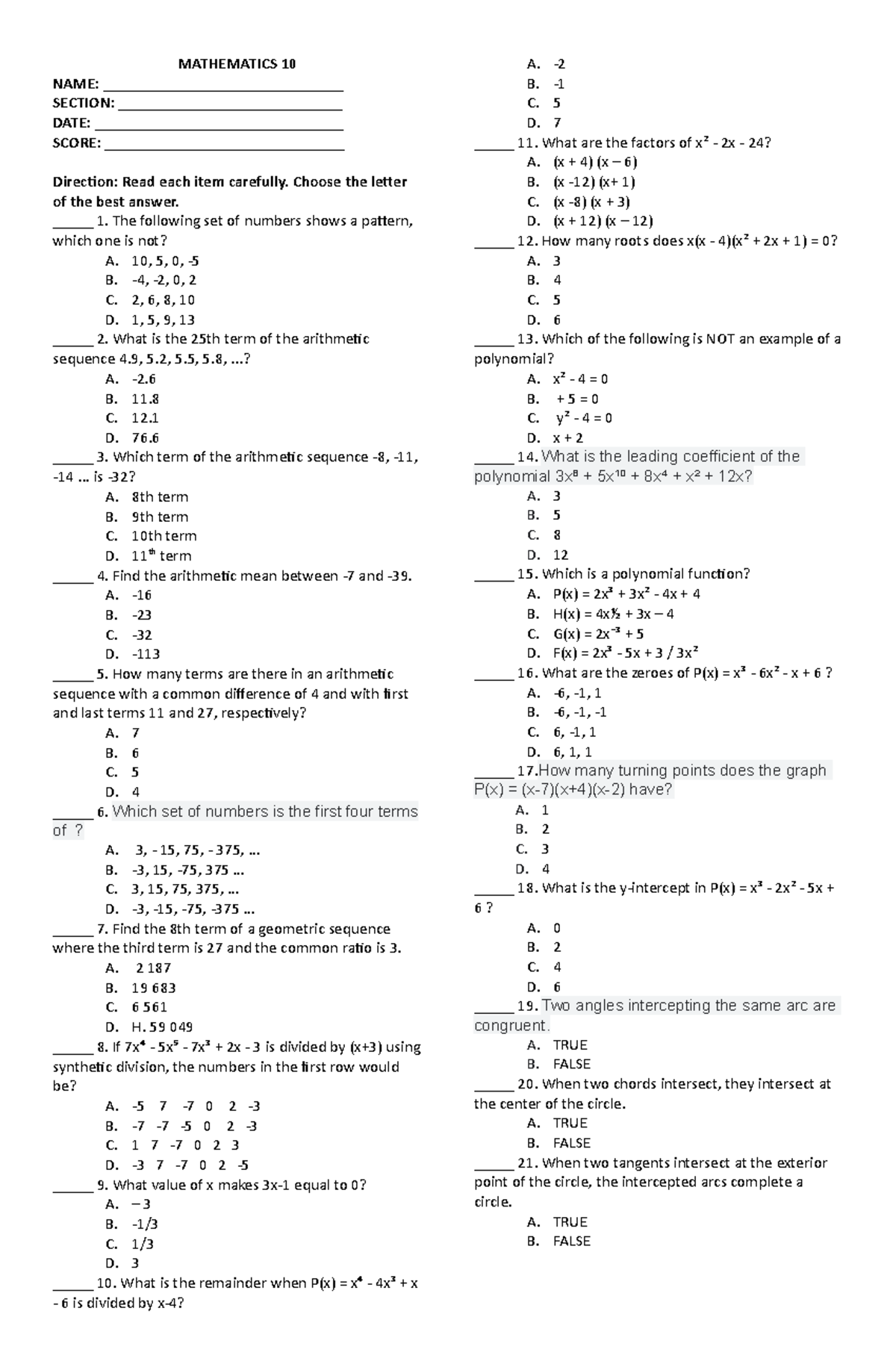 Elimination-QUIZ - Reviewer - MATHEMATICS 10 NAME ...