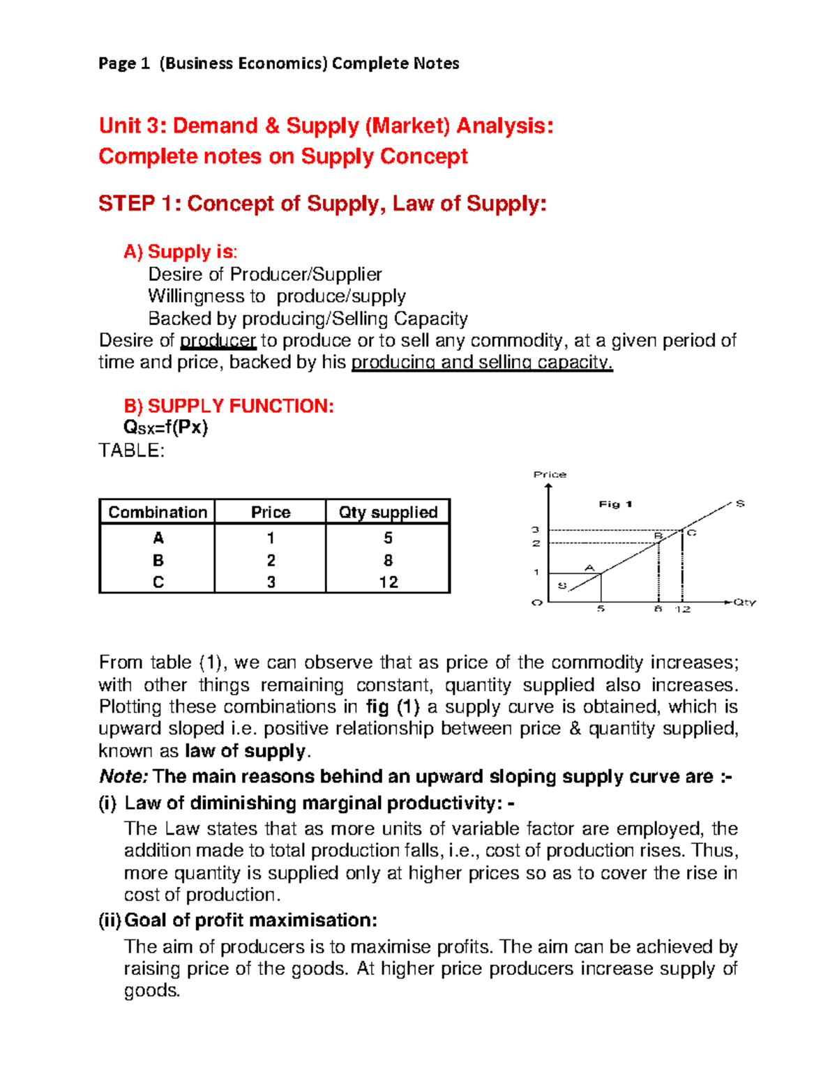 Supply Concept PDF - Unit 3: Demand & Supply (Market) Analysis ...