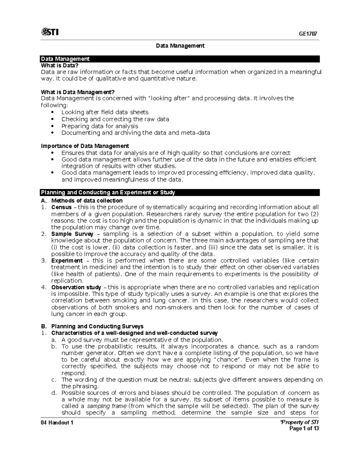 04 Handout 1(10) - Data Management Planning and Conducting an ...