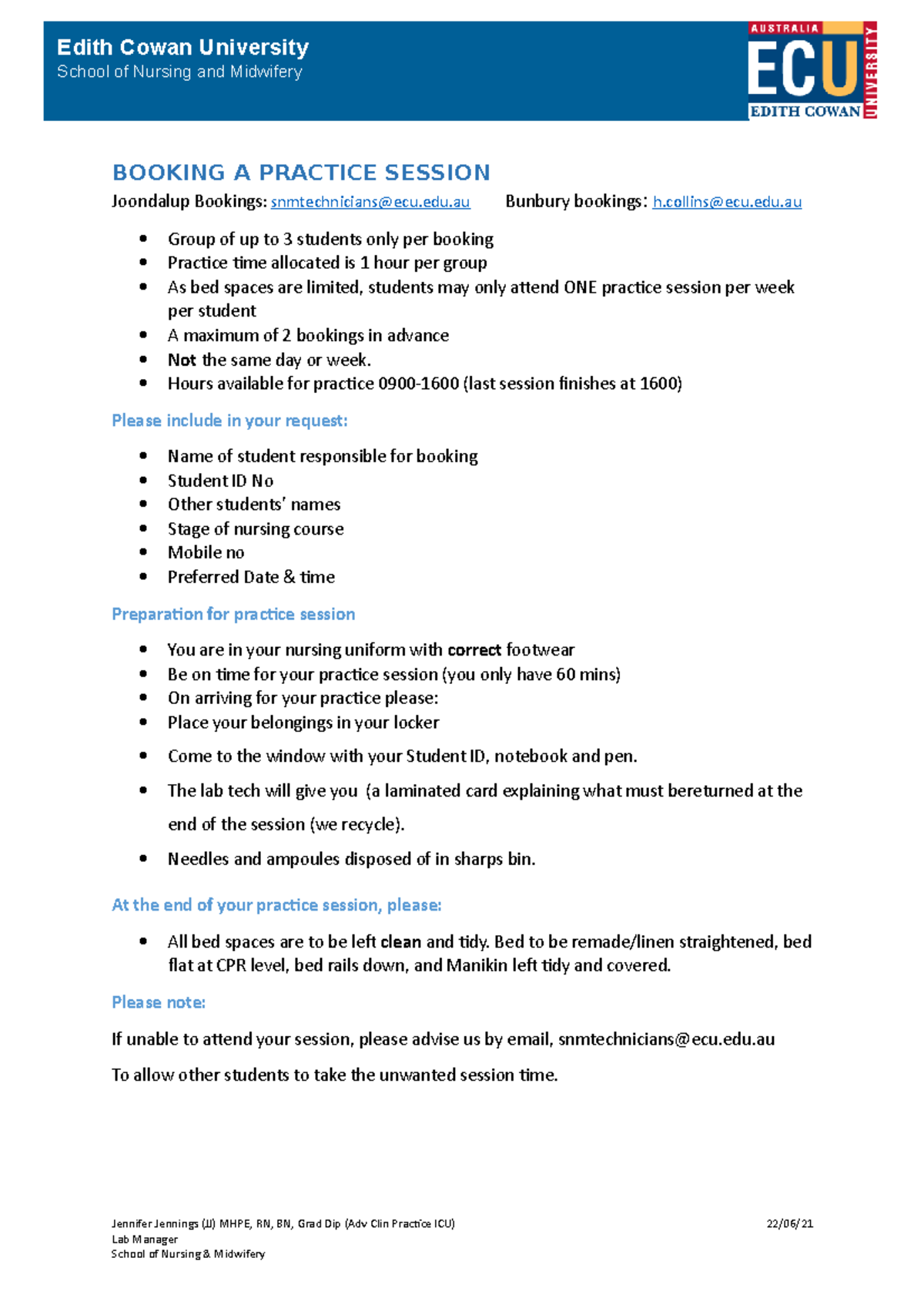 Booking practice session - Edith Cowan University School of Nursing and ...