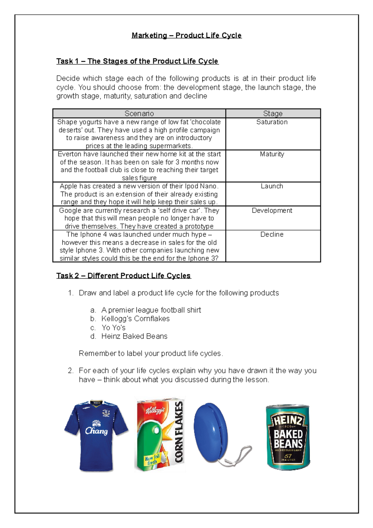 Product Life Cycle Worksheet - Marketing – Product Life Cycle Task 1 ...