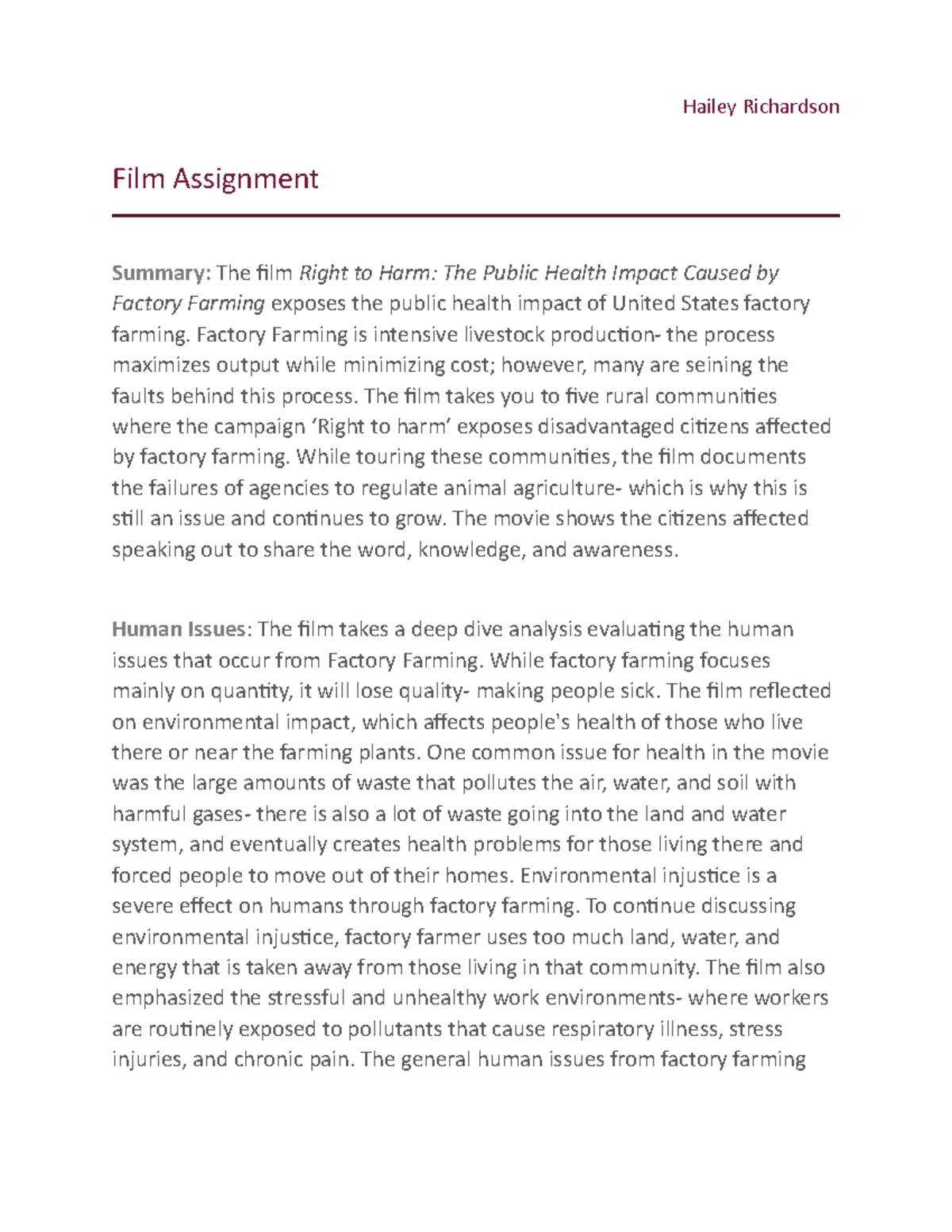 Film Assignment 2 - Hailey Richardson Film Assignment Summary: The film ...