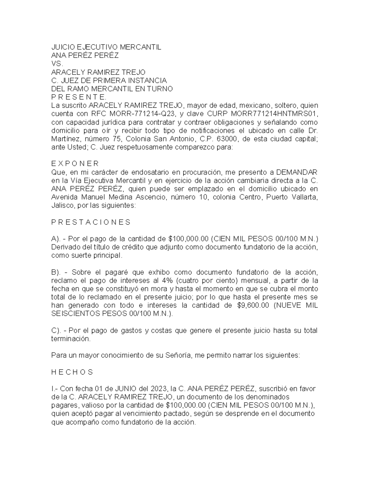 Demanda Mercantil - JUICIO EJECUTIVO MERCANTIL ANA PERÉZ PERÉZ VS ...