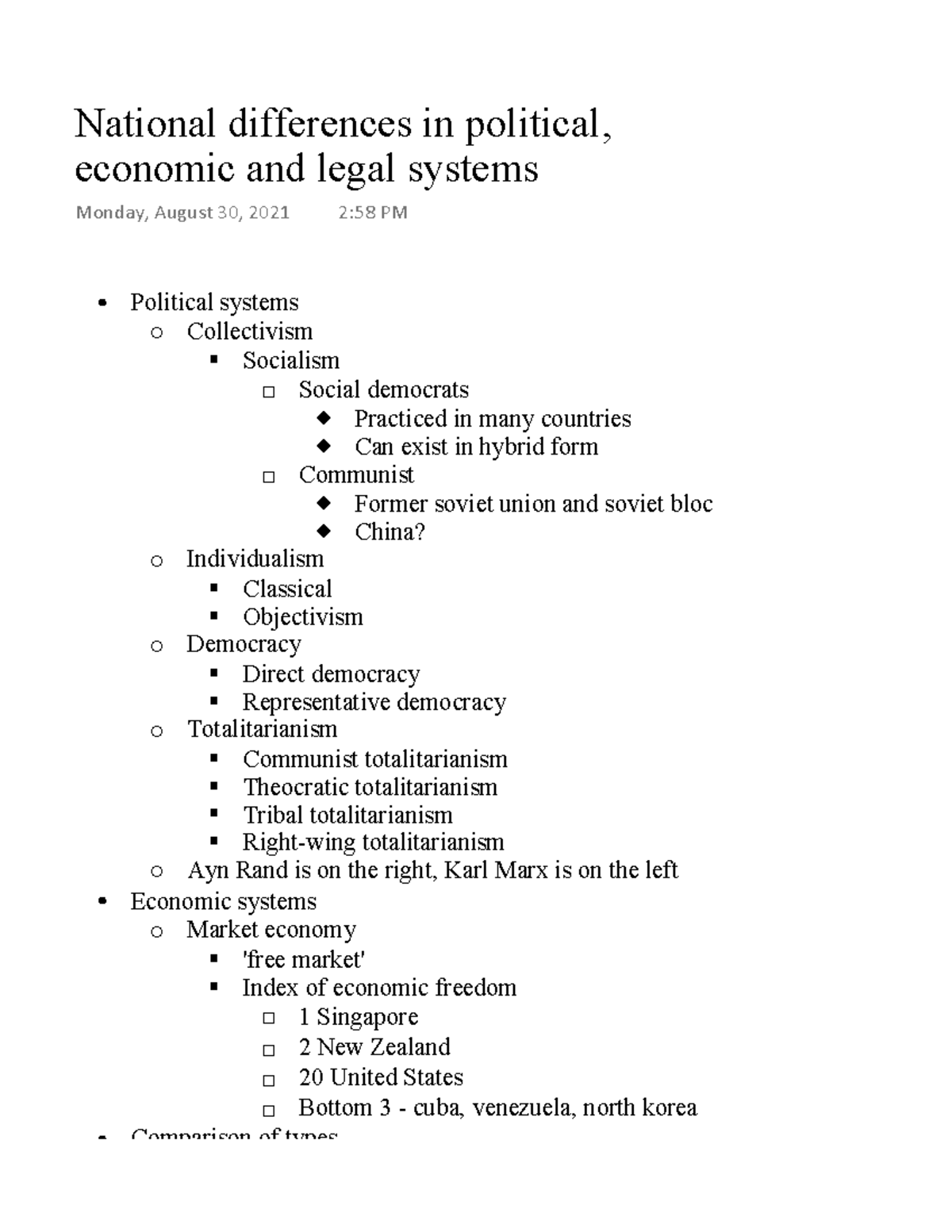 National differences in political, economic and legal systems ...