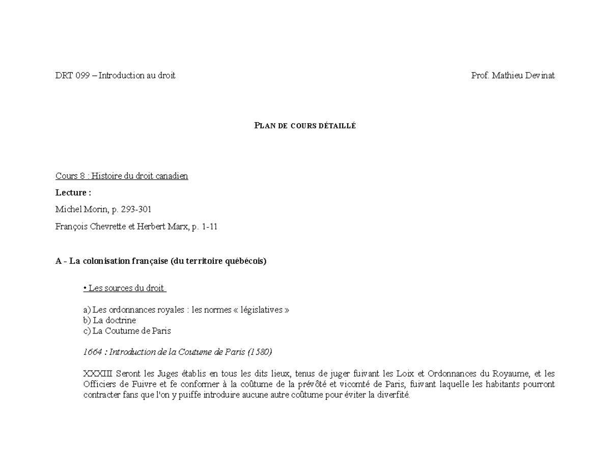 Cours #8 - Histoire du droit canadien 2023 - DRT 099 – Introduction au ...