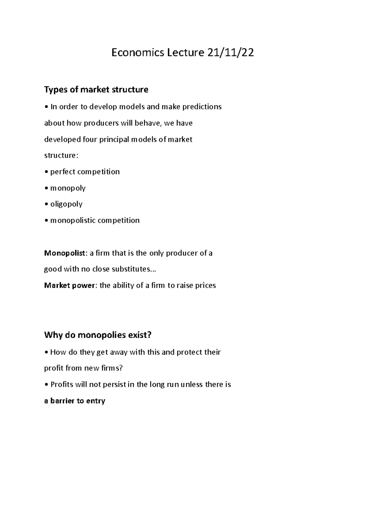 Economics Lecture - .. Market power: the ability of a firm to raise ...