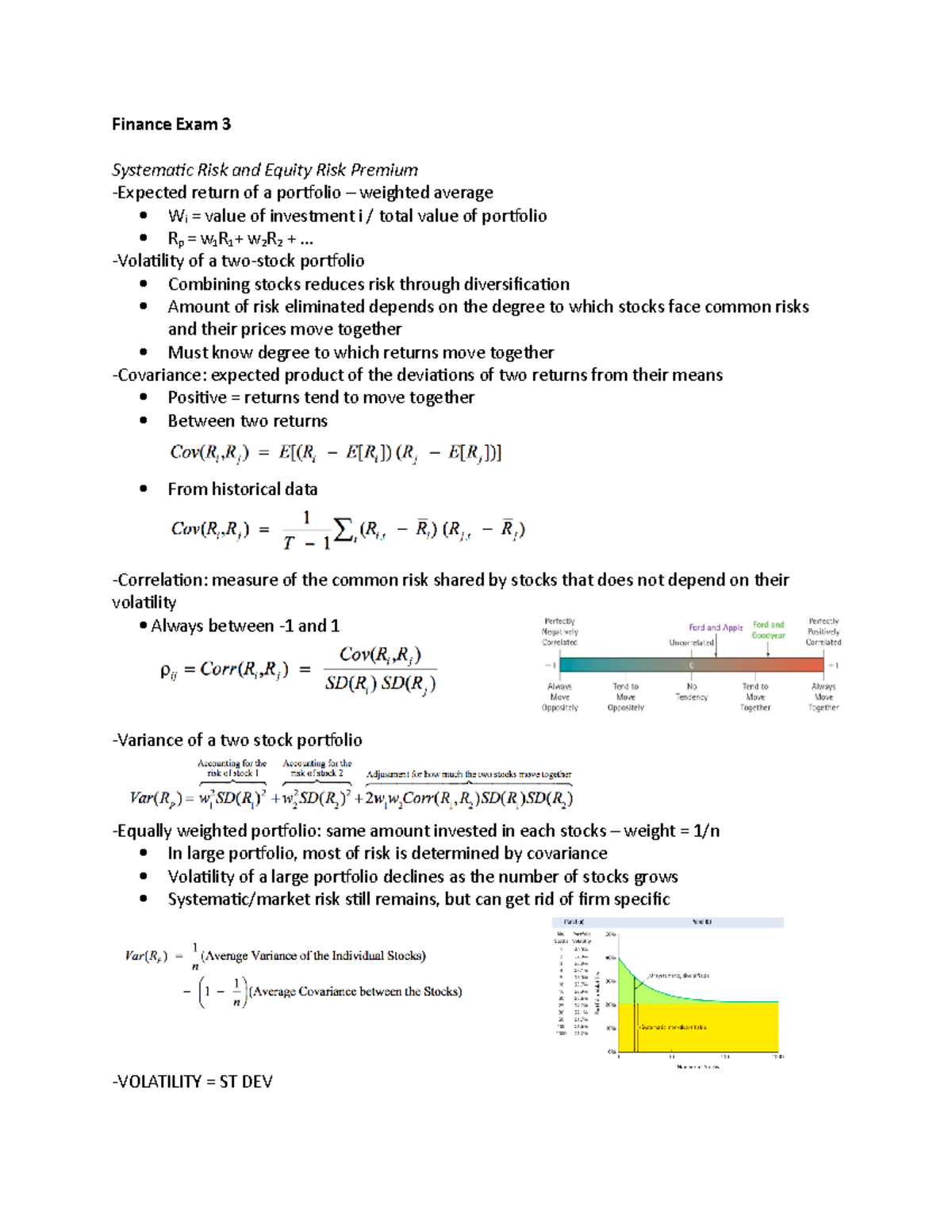 FIN 340 Review guide for exam 3 - Finance Exam 3 Systematic Risk and ...