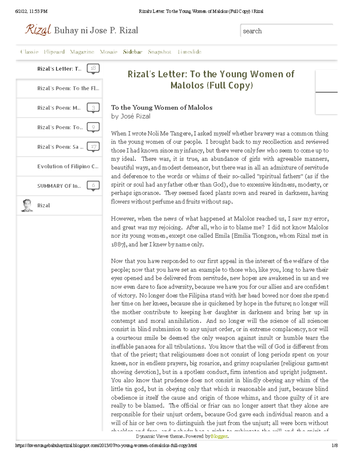 Rizal's Letter To the Young Women of Malolos (Full Copy) Rizal - Rizal ...