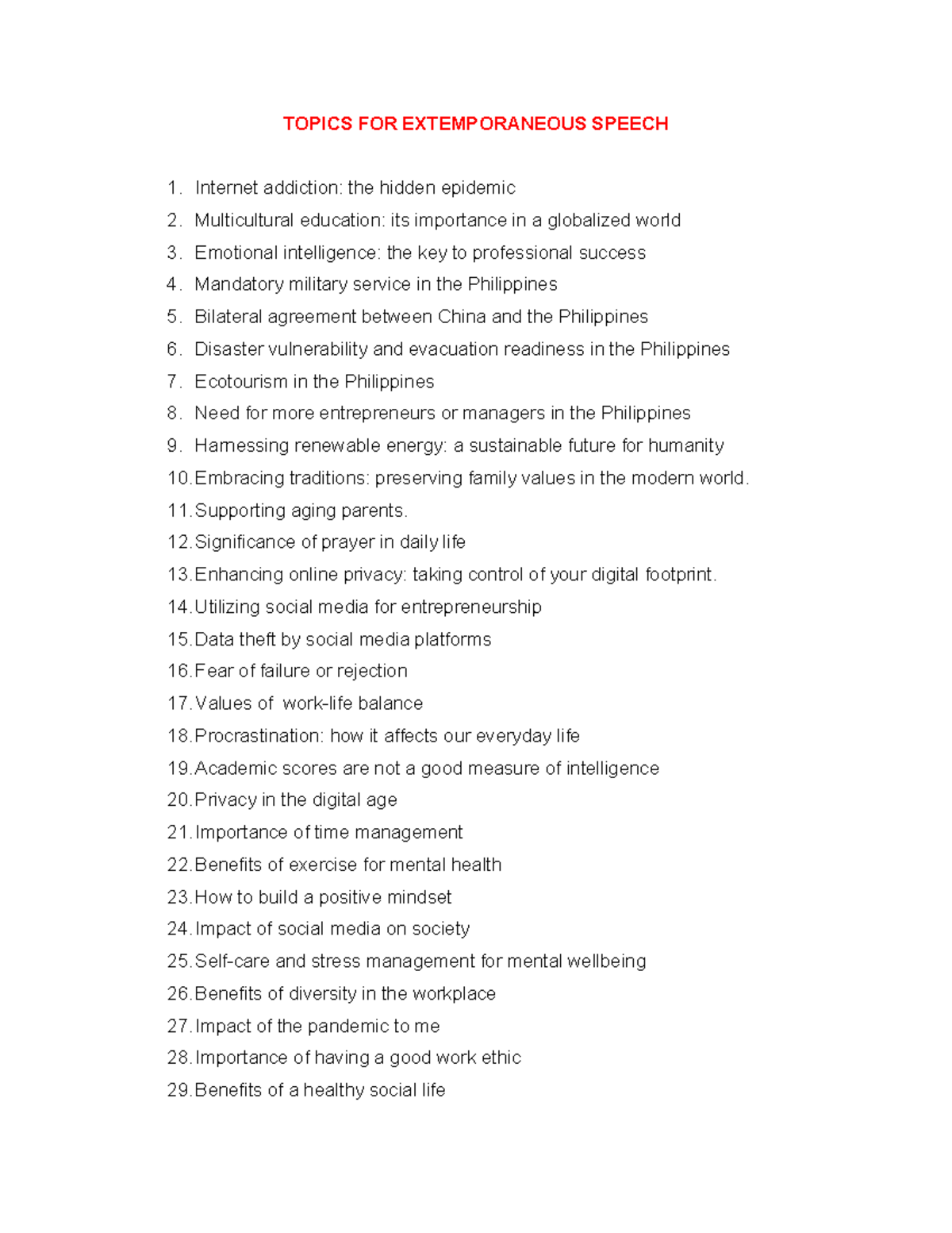 Topics FOR Extemporaneous Speech - TOPICS FOR EXTEMPORANEOUS SPEECH ...