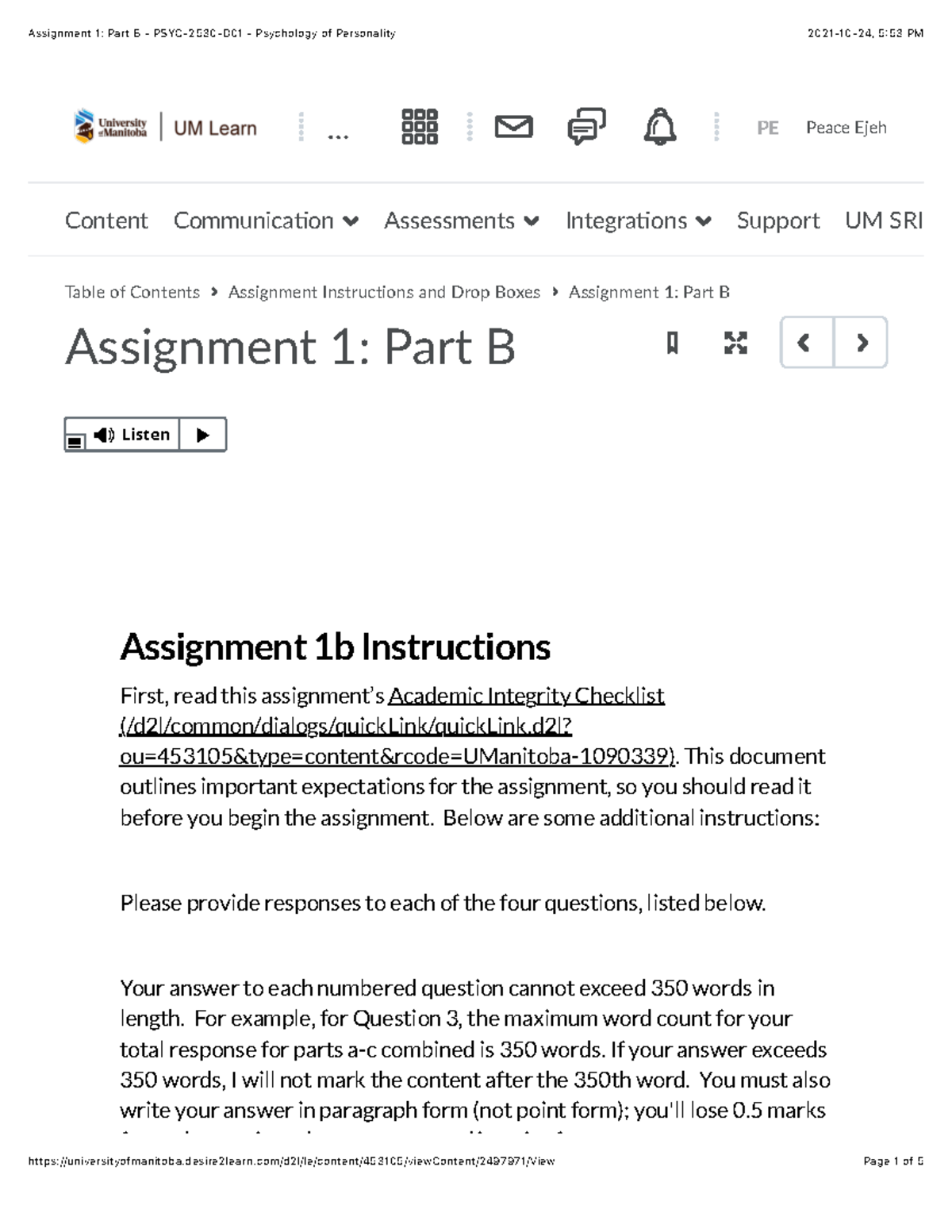 Assignment 1: Part B - PSYC-2530-D01 - Psychology of Personality ...