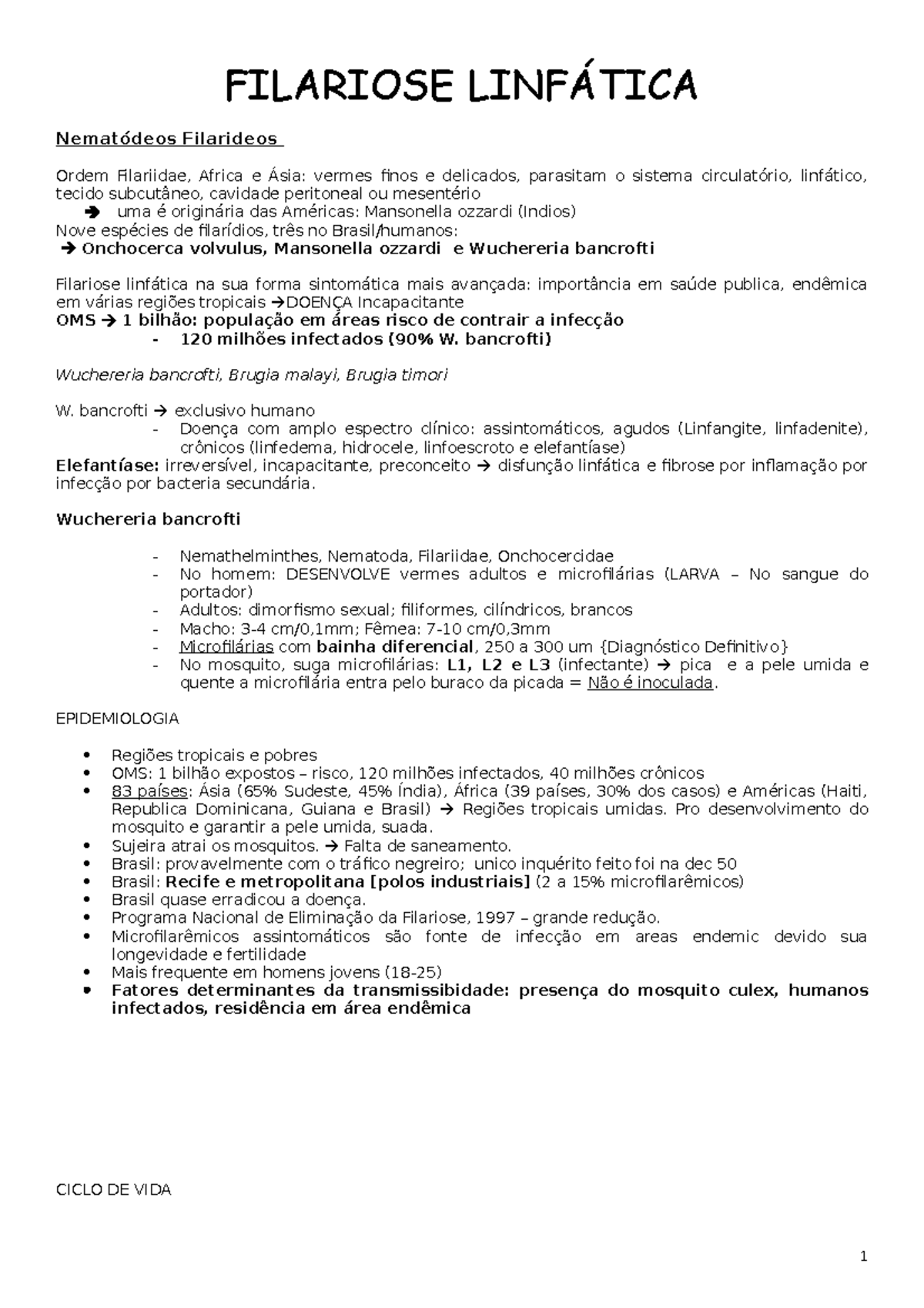 8 - Filariose Linfática - FILARIOSE LINFÁTICA Nematódeos Filarideos ...