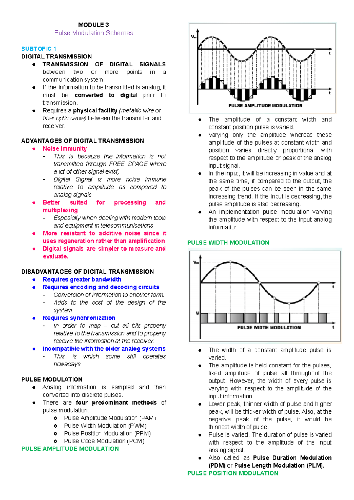 Communication EST Part 2 - MODULE 3 Pulse Modulation Schemes SUBTOPIC 1 DIGITAL TRANSMISSION ...