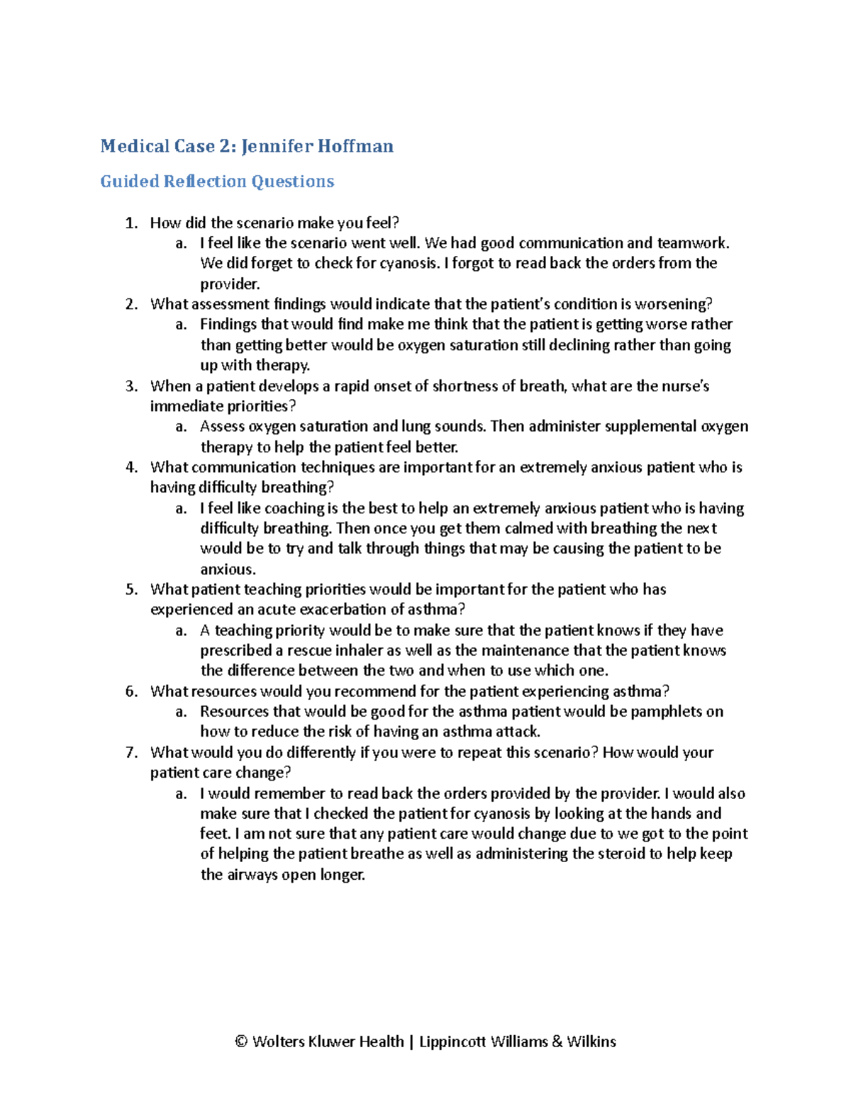 Reflection questions- Hoffman complete - Medical Case 2: Jennifer ...