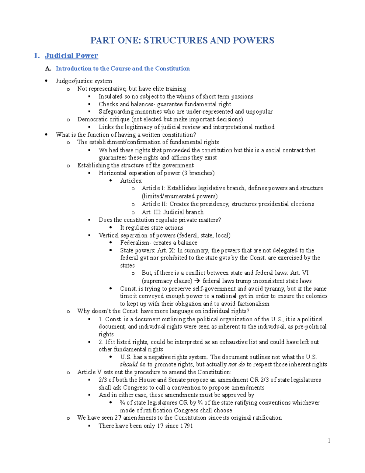Constitutional Law Outline - 2 - PART ONE: STRUCTURES AND POWERS I ...