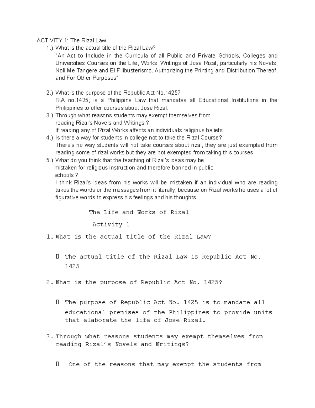 LV1-5 - Rizal-Chapter-1-5 - ACTIVITY 1: The Rizal Law 1.) What is the actual title of the Rizal ...