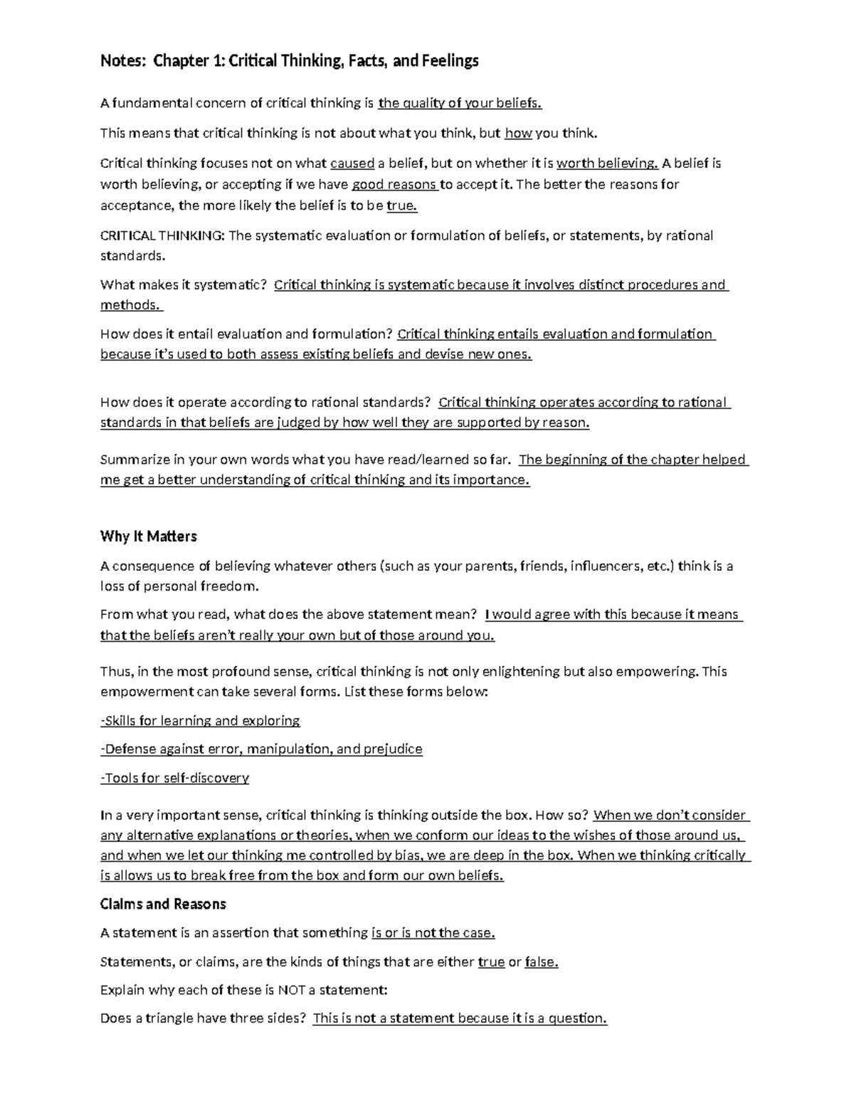 Notes Chapter 1 002743131 - Notes: Chapter 1: Critical Thinking, Facts ...
