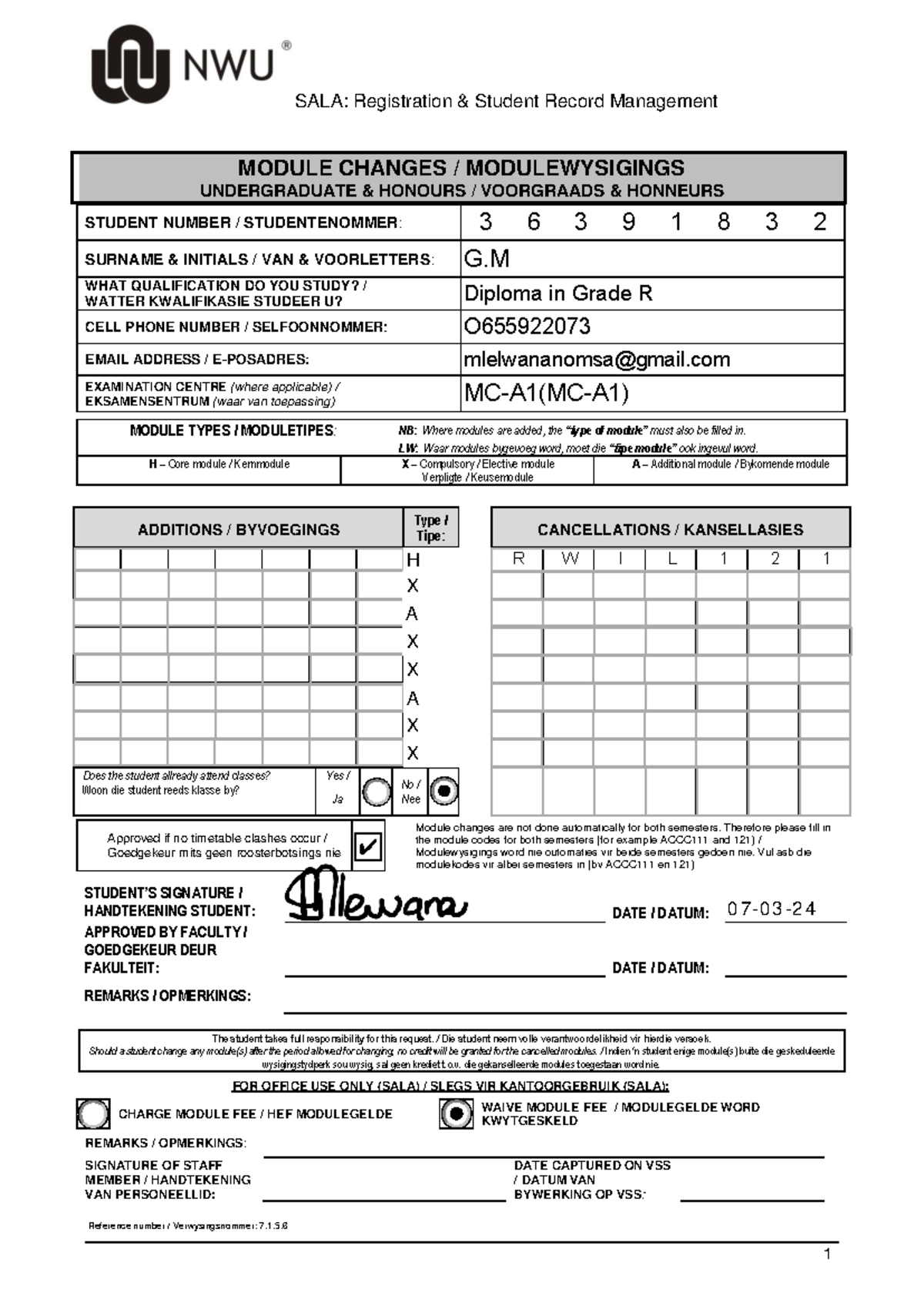 Module Change Form 2024 014212 - 1 SALA: Registration & Student Record ...