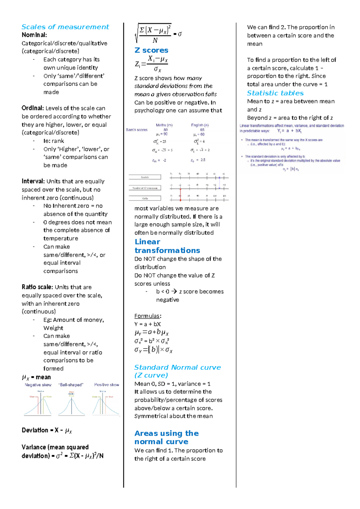 Formula Sheet Quiz 1 - Scales of measurement Nominal: Categorical ...