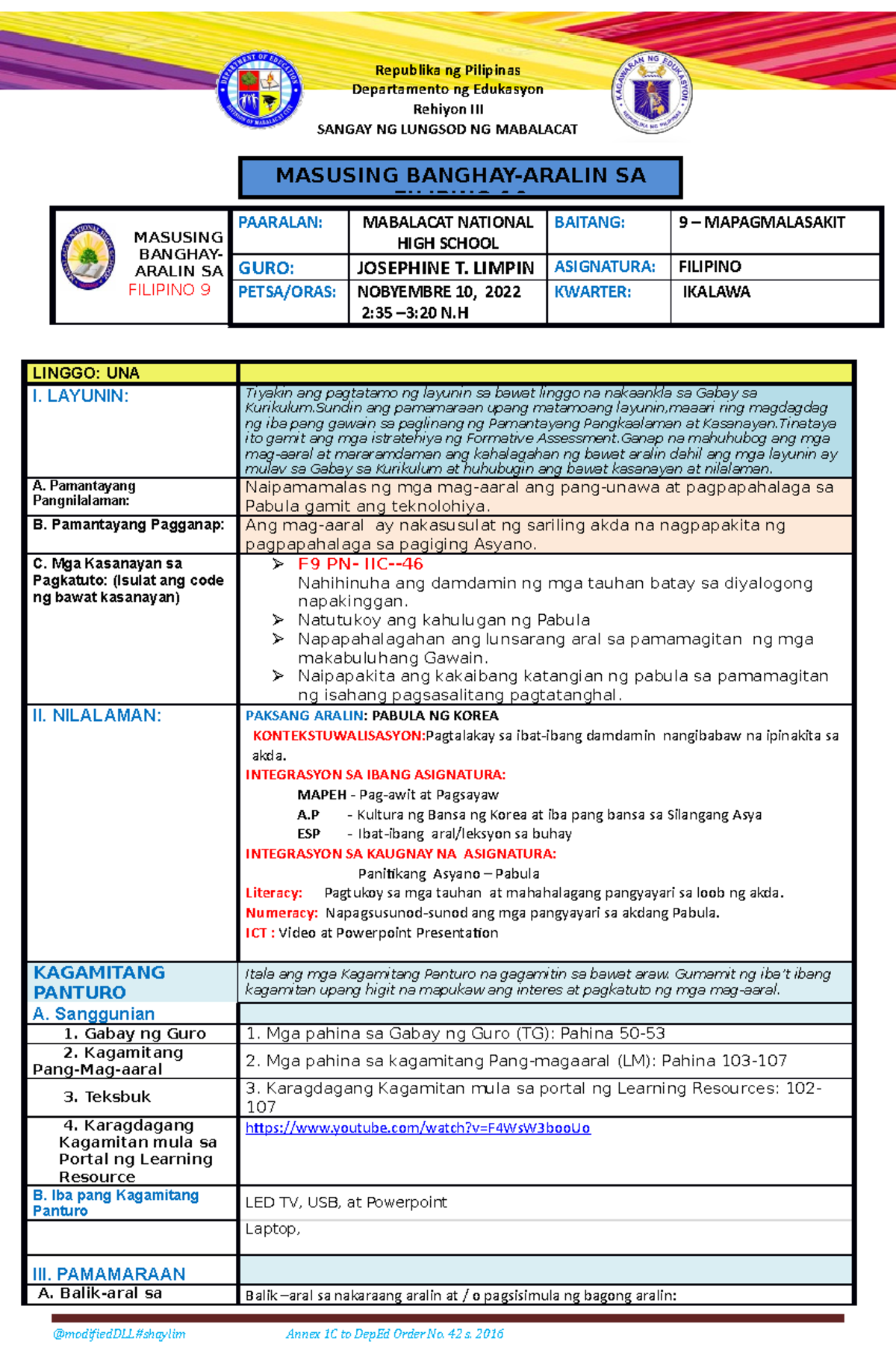 COT 1 DLP - Pabula - N/A - Republika ng Pilipinas Departamento ng ...