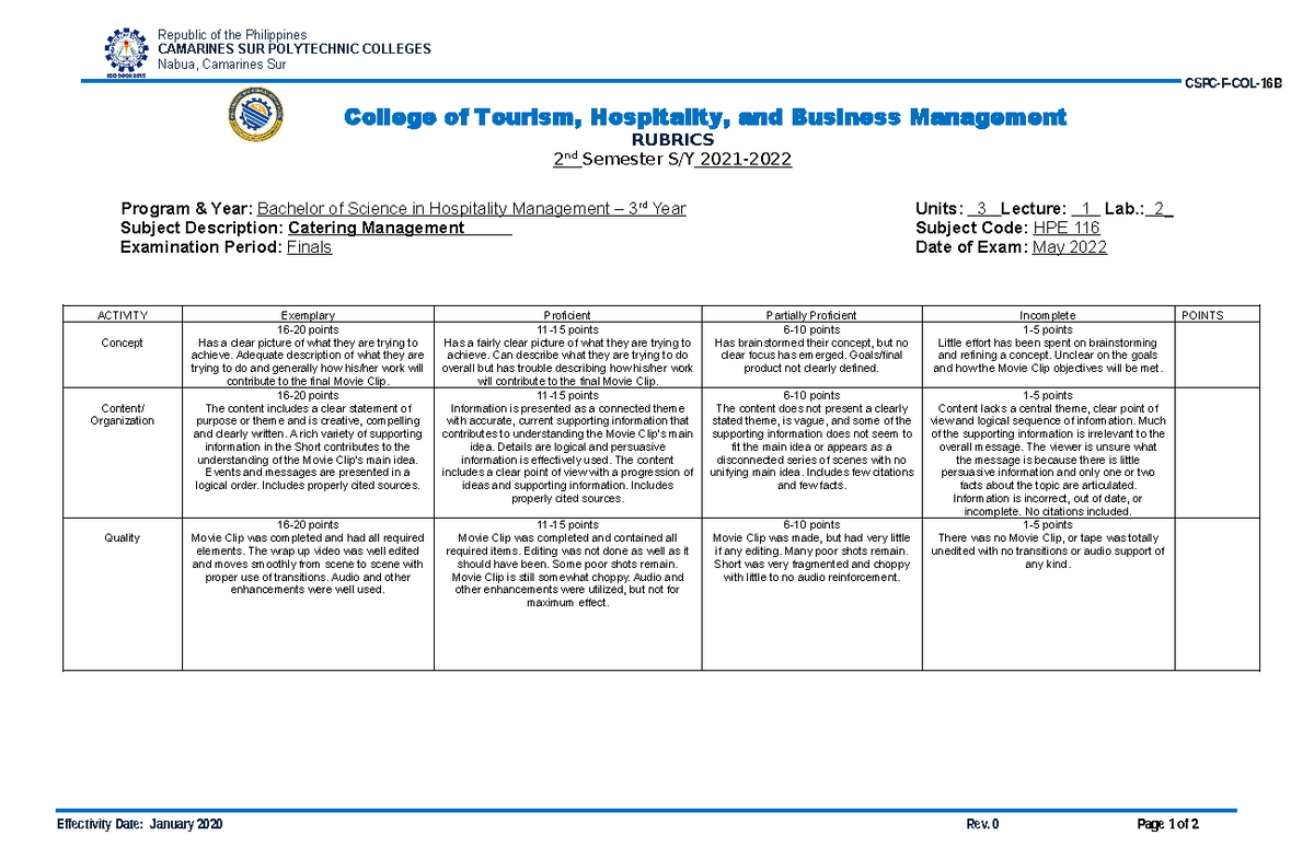 HPE 116 - Rubrics Finals 2022 - CSPC-F-COL-16B College of Tourism ...