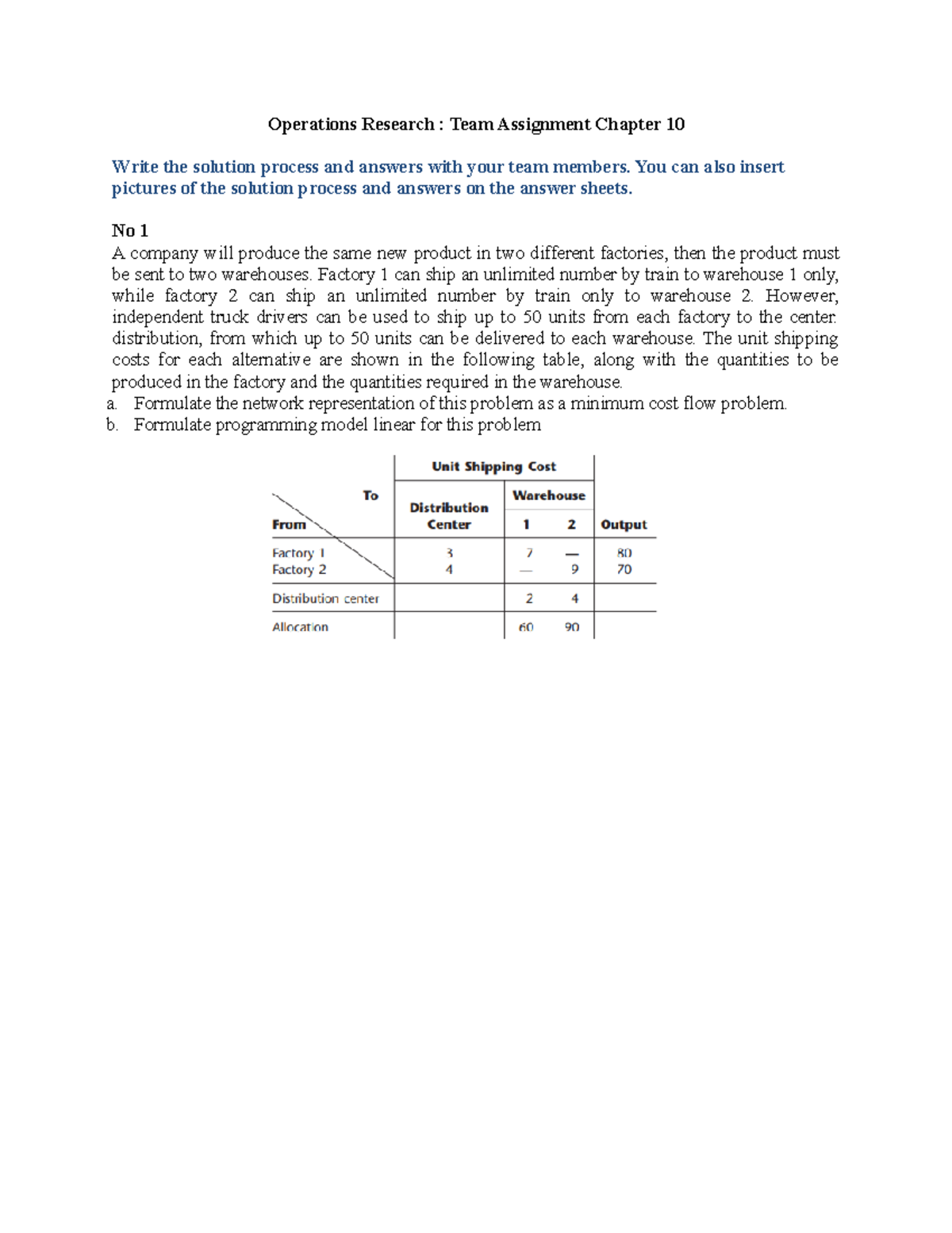 Group Assignment Chapter 10 - Operations Research : Team Assignment Chapter 10 Write the ...