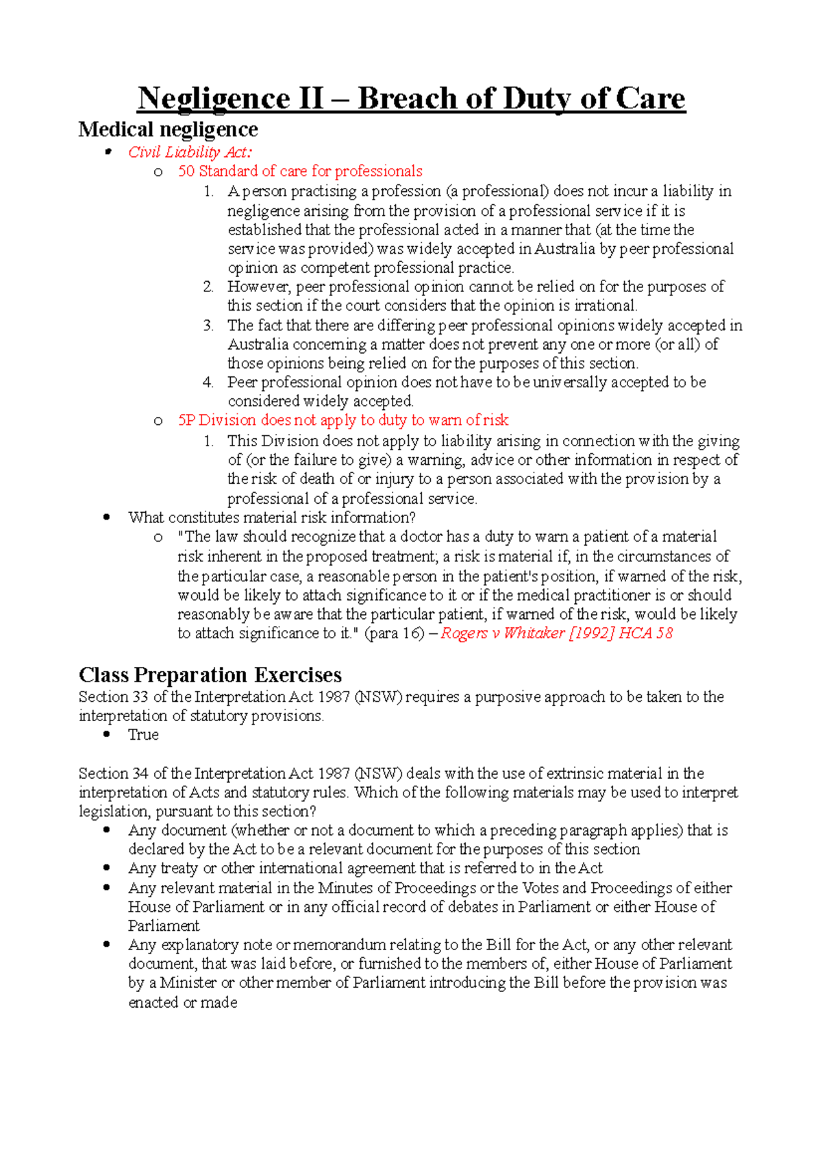 Week 5 - Negligence II – Breach of Duty of Care - Negligence II ...