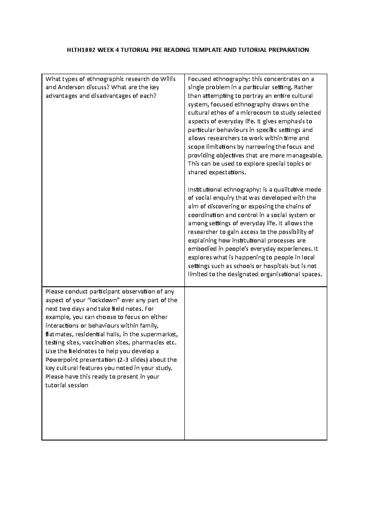 Health week 4 template - HLTH1002 WEEK 4 TUTORIAL PRE READING TEMPLATE AND TUTORIAL PREPARATION ...