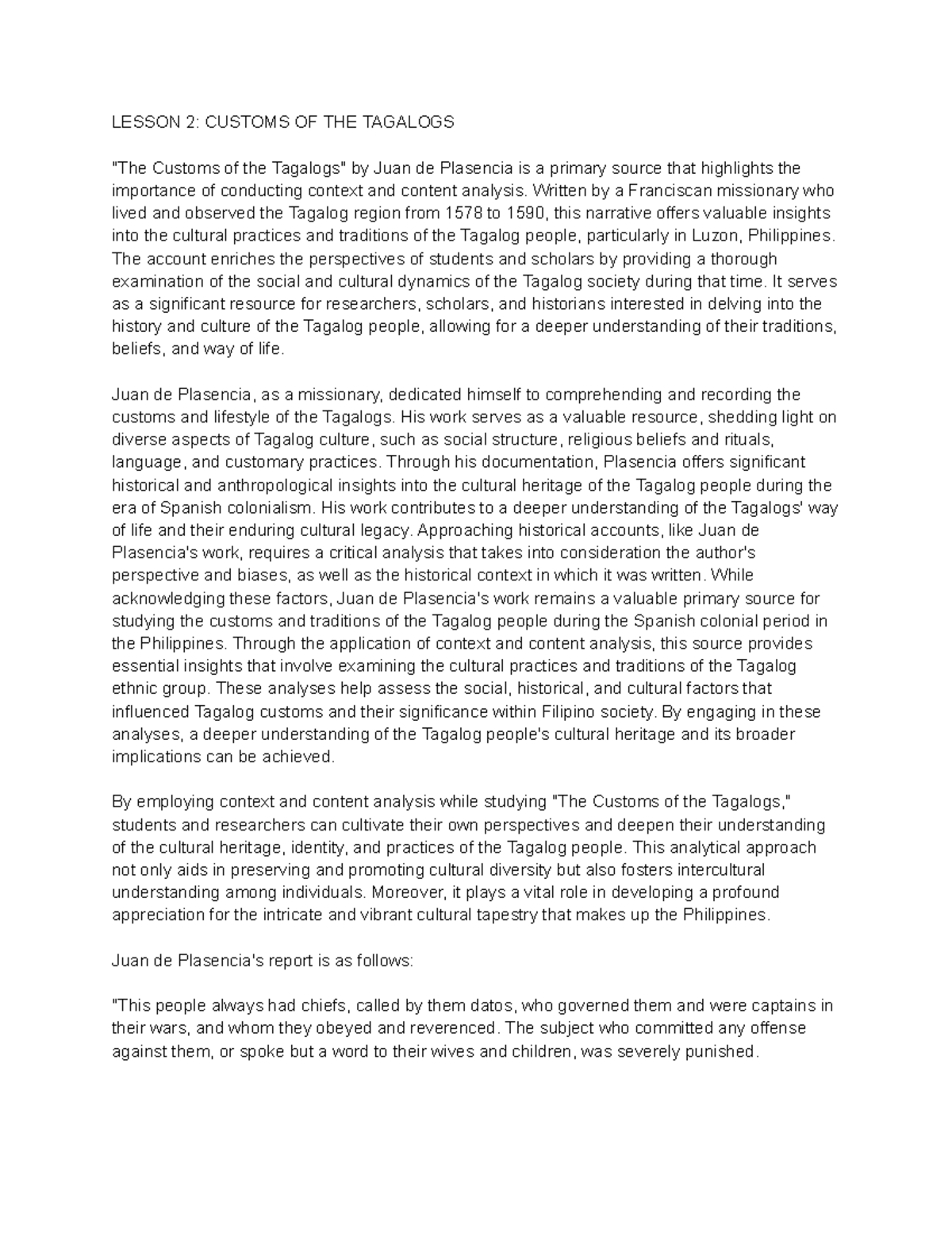 Customs OF Tagalog - Notes - LESSON 2: CUSTOMS OF THE TAGALOGS "The ...