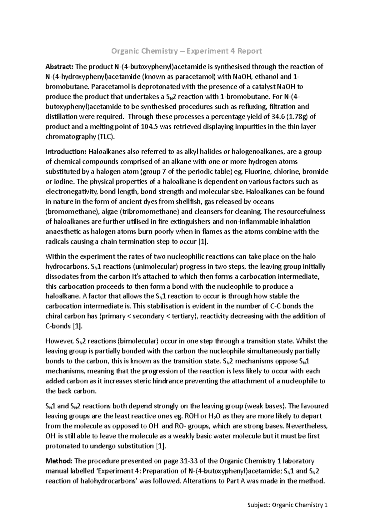 Experiment 4 Report - Organic Chemistry Experiment 4 Report Abstract ...