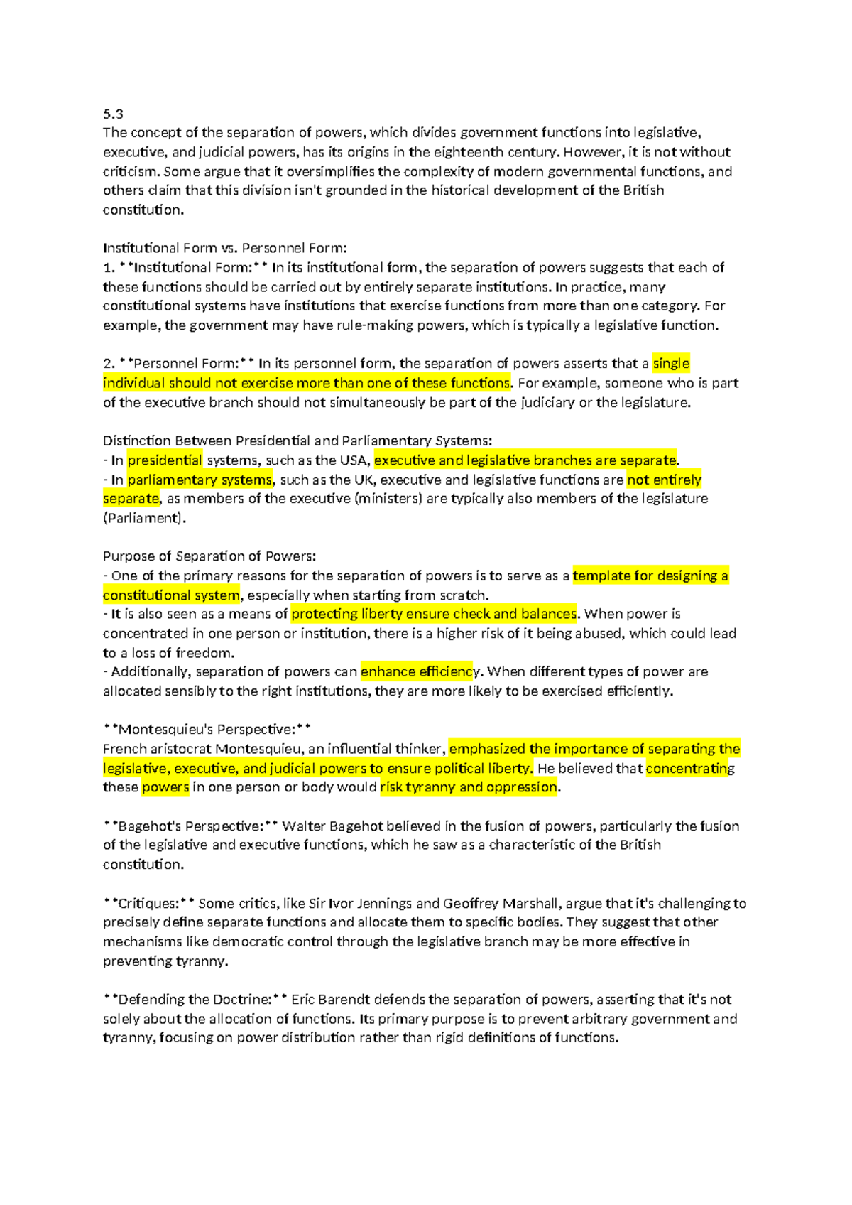 Seperation of power 2 - Notes - 5. The concept of the separation of ...