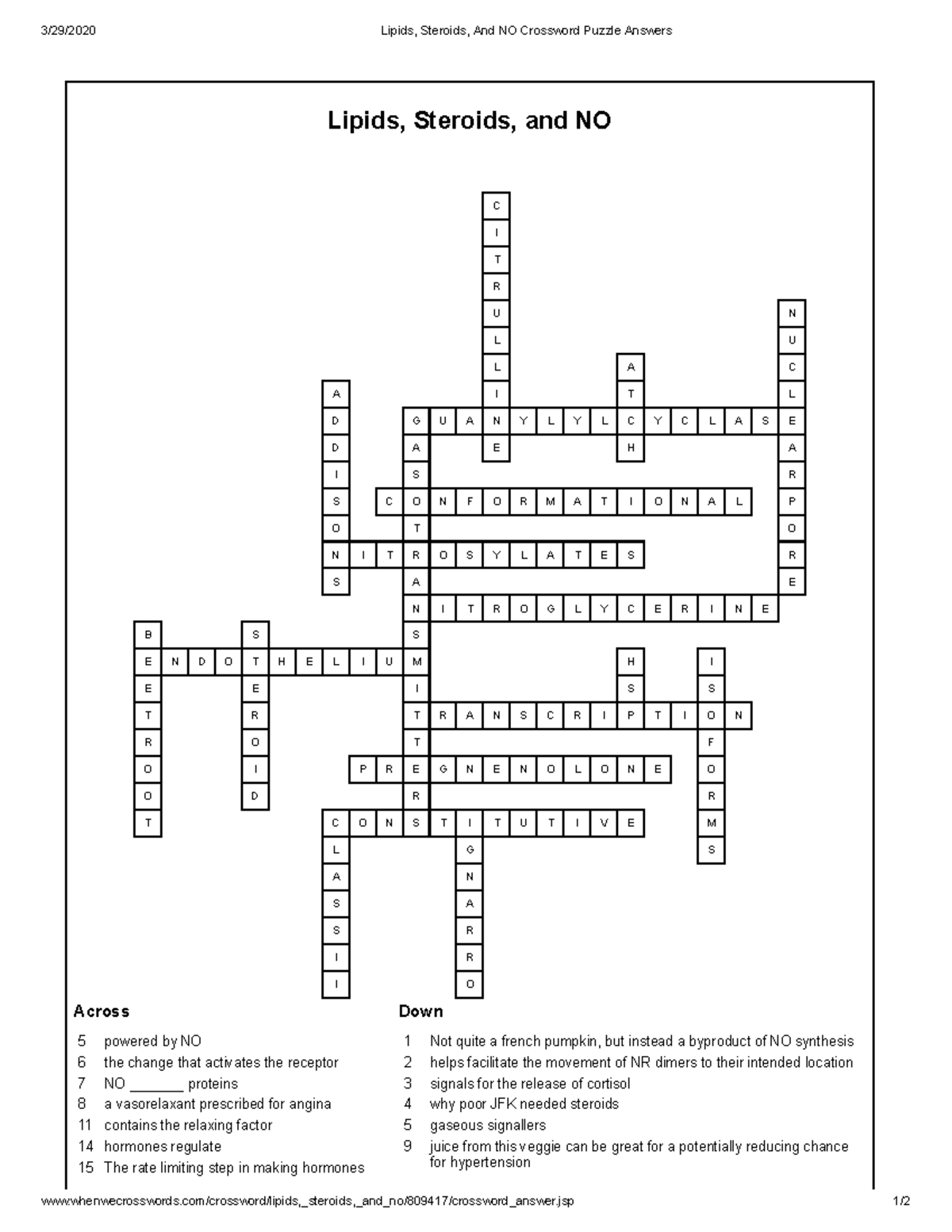 Lipids, Steroids, And NO Crossword Puzzle Answers - 3/29/2020 Lipids ...
