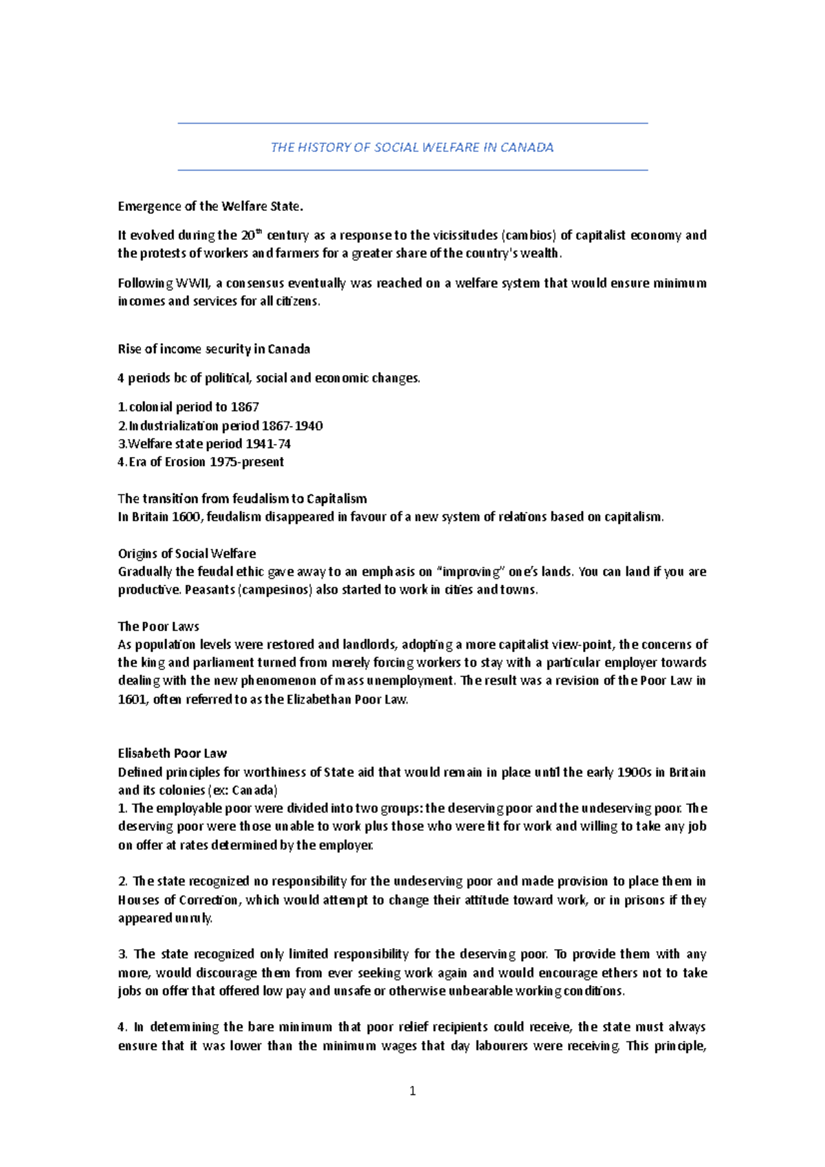 Reading notes - THE HISTORY OF SOCIAL WELFARE IN CANADA Emergence of ...