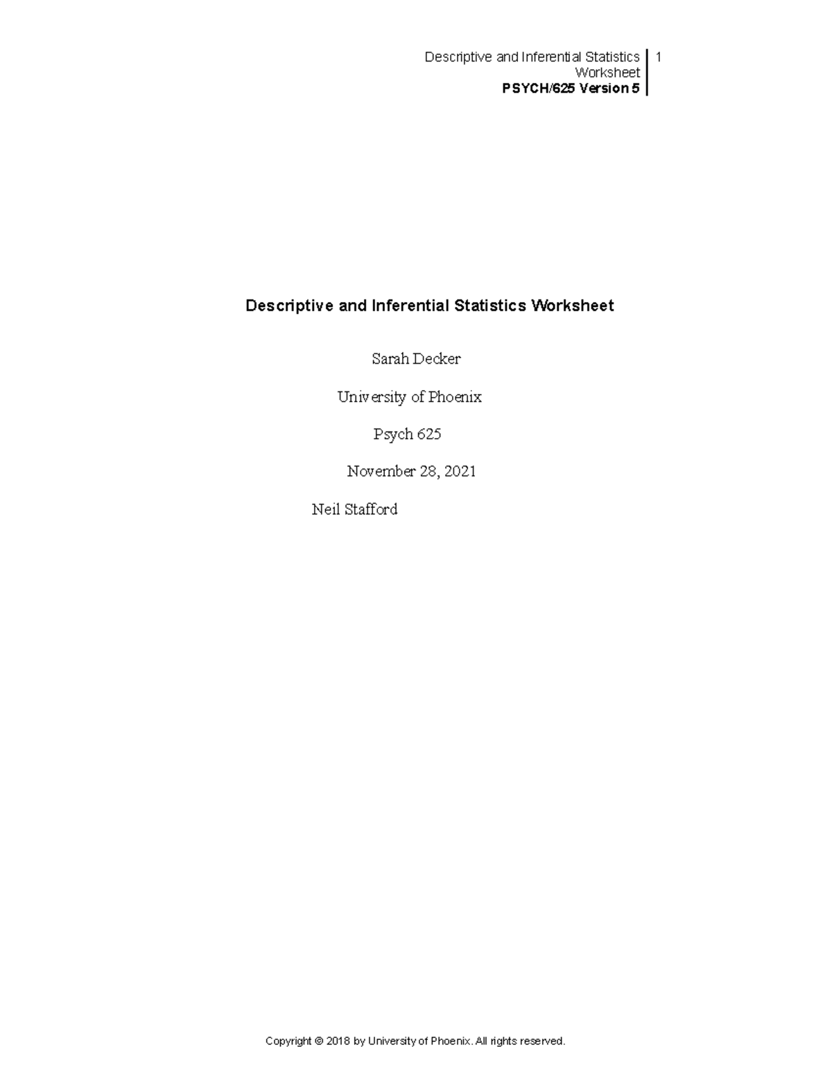 Psych 625 Descriptive and Inferential Statistics Worksheet - Worksheet ...