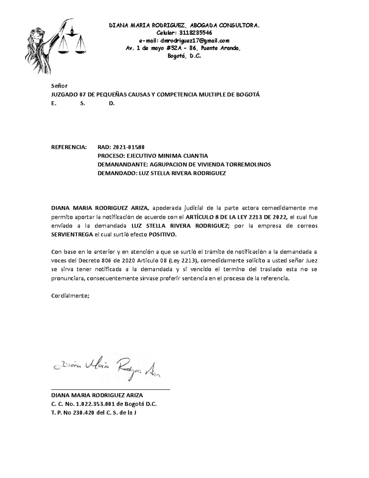 MINUTAS NOTIFICACION - DIANA MARIA RODRIGUEZ, ABOGADA CONSULTORA. Celular: 3118235546 e-mail ...