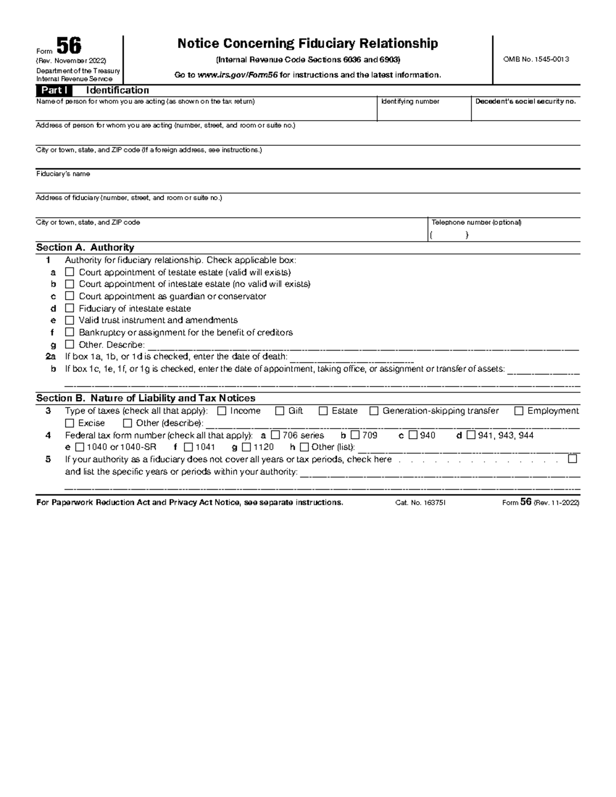 F56 - F56 - Form 56 (Rev. November 2022) Department of the Treasury ...