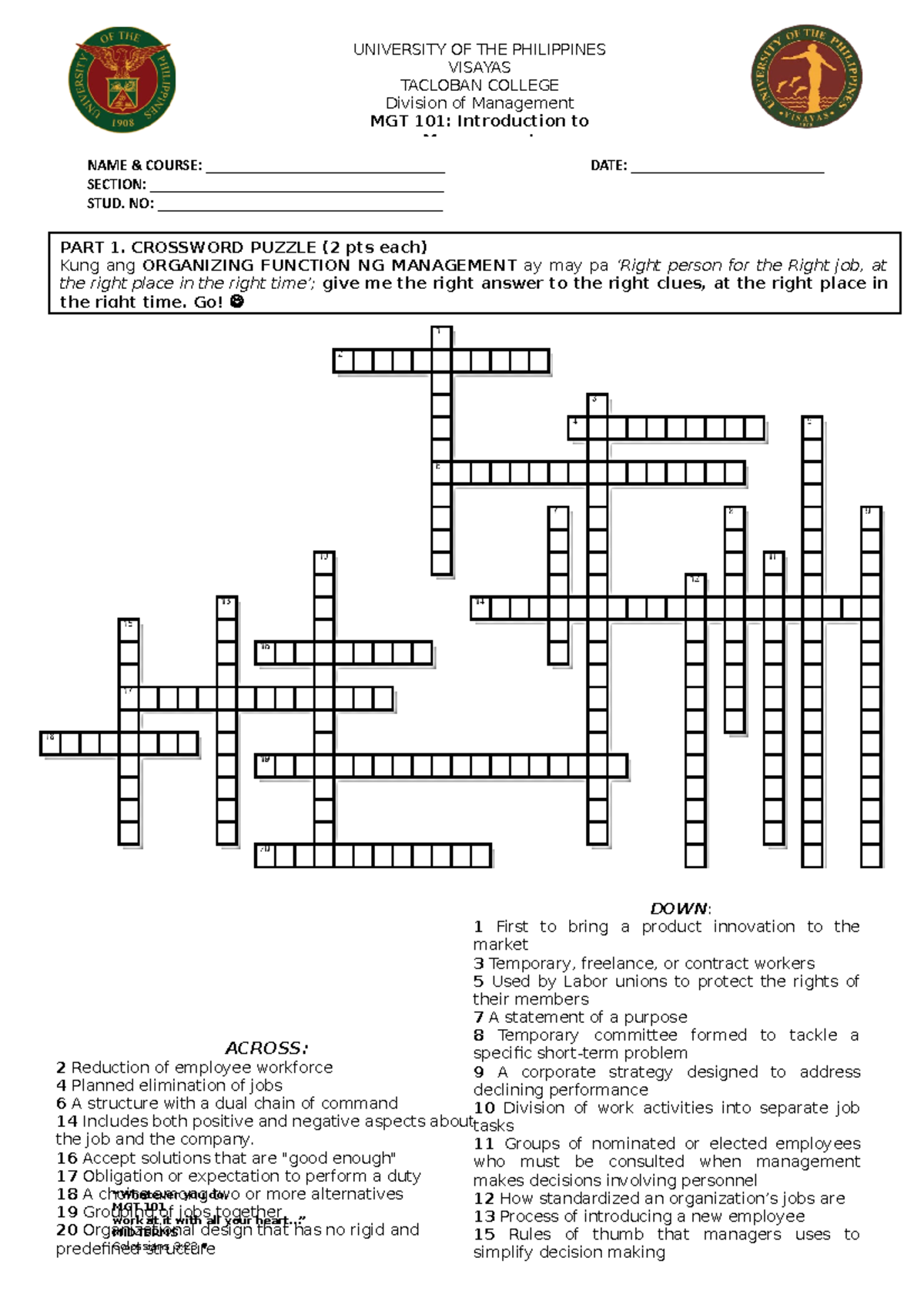 MGT-101- Midterms - Management 101 Sample Exam - “Whatever you do, MGT ...