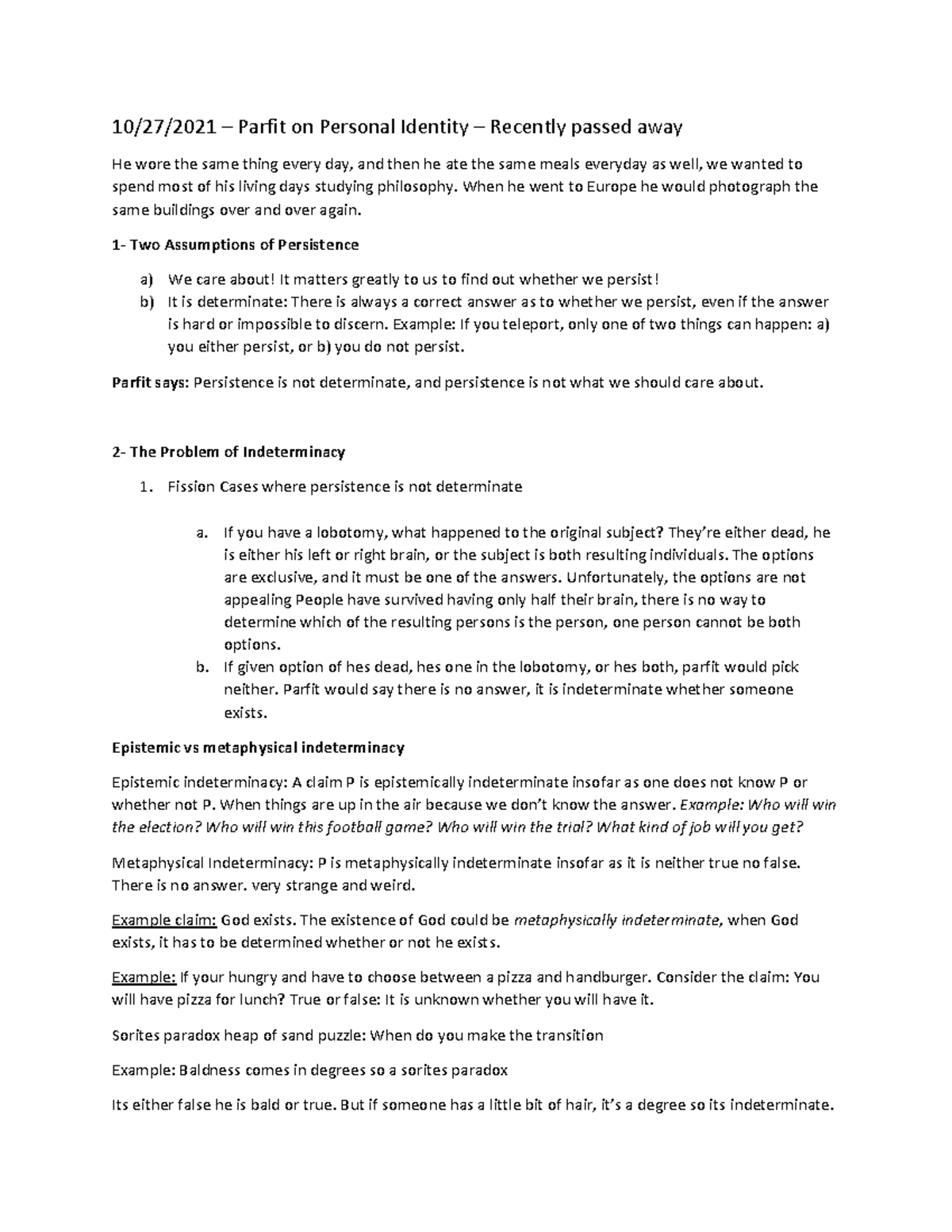 Lecture 4.3 Parfitt on Personal Identity - 10/27/2021 – Parfit on ...