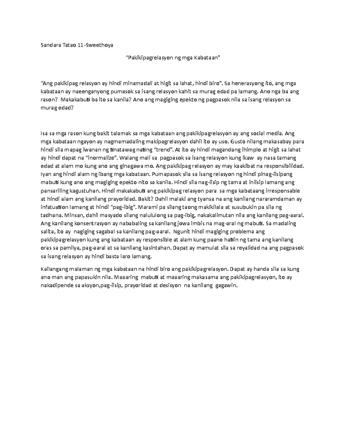 Talumpati - Sandara Tatao 11-Sweethoya “Pakikipagrelasyon ng mga ...