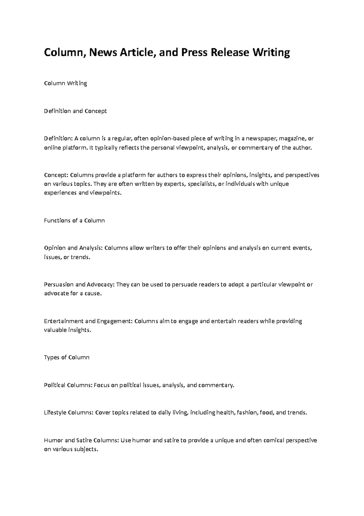 Lectuer 08 Column News Article and Press Release writing 13102023 ...