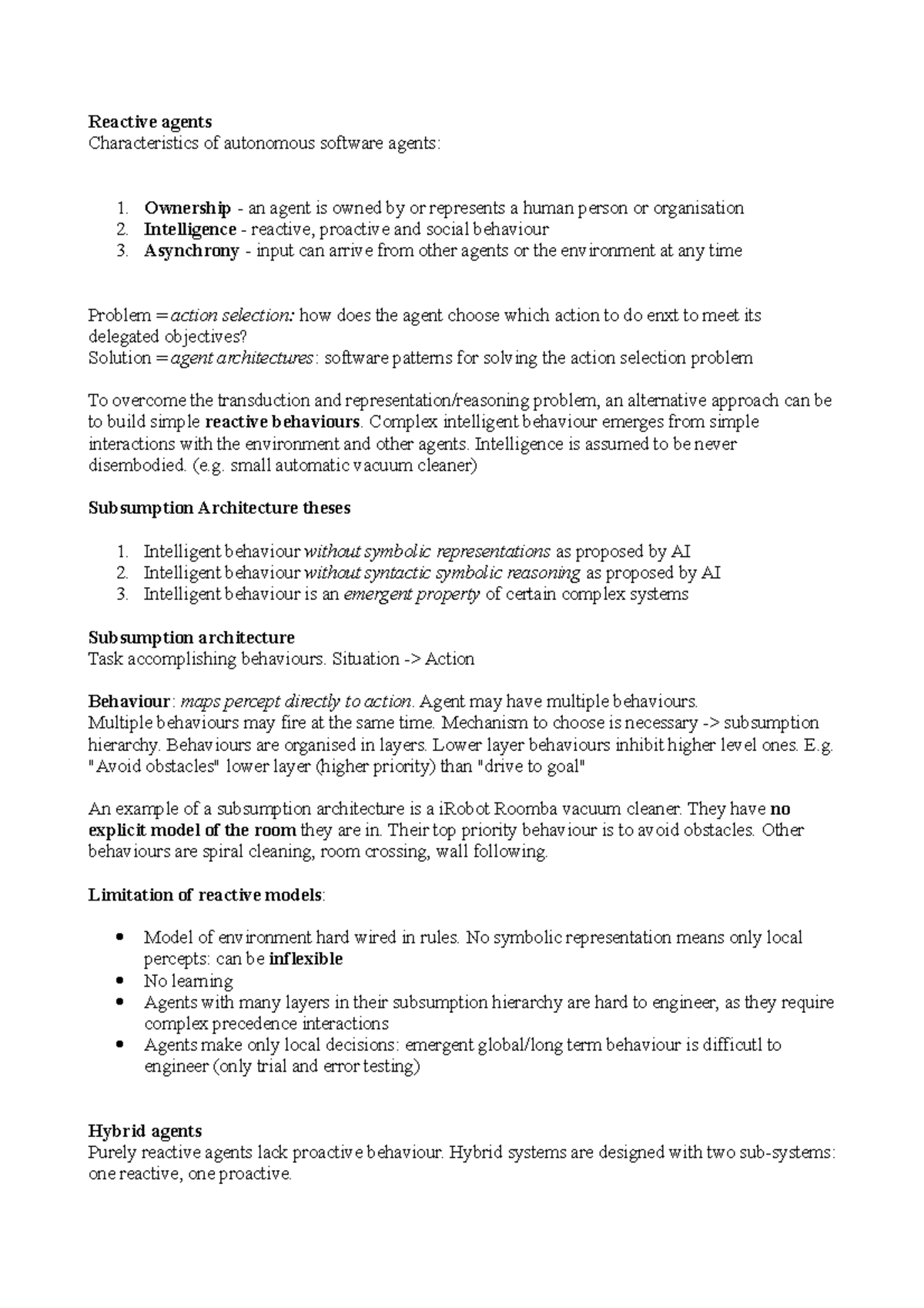 Reactive and Hybrid Agents - Reactive agents Characteristics of ...