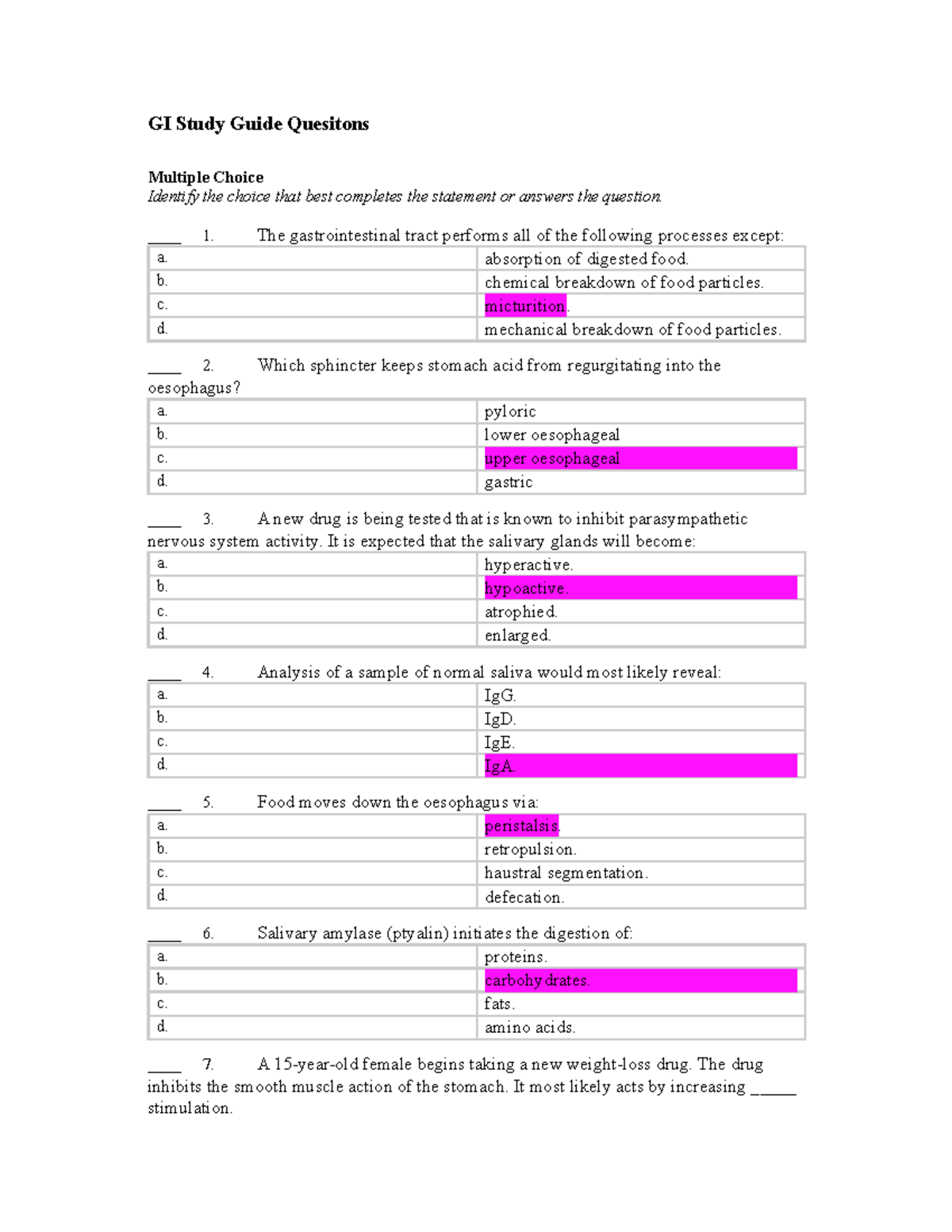 GI Study Guide Questions - GI Study Guide Quesitons Multiple Choice ...