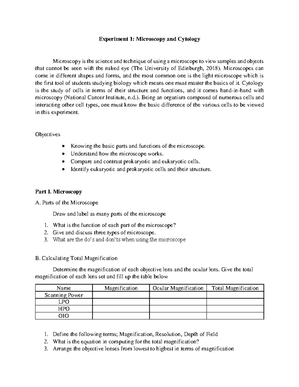 Experiment 1 Microscopy and Cytology - Experiment 1: Microscopy and ...